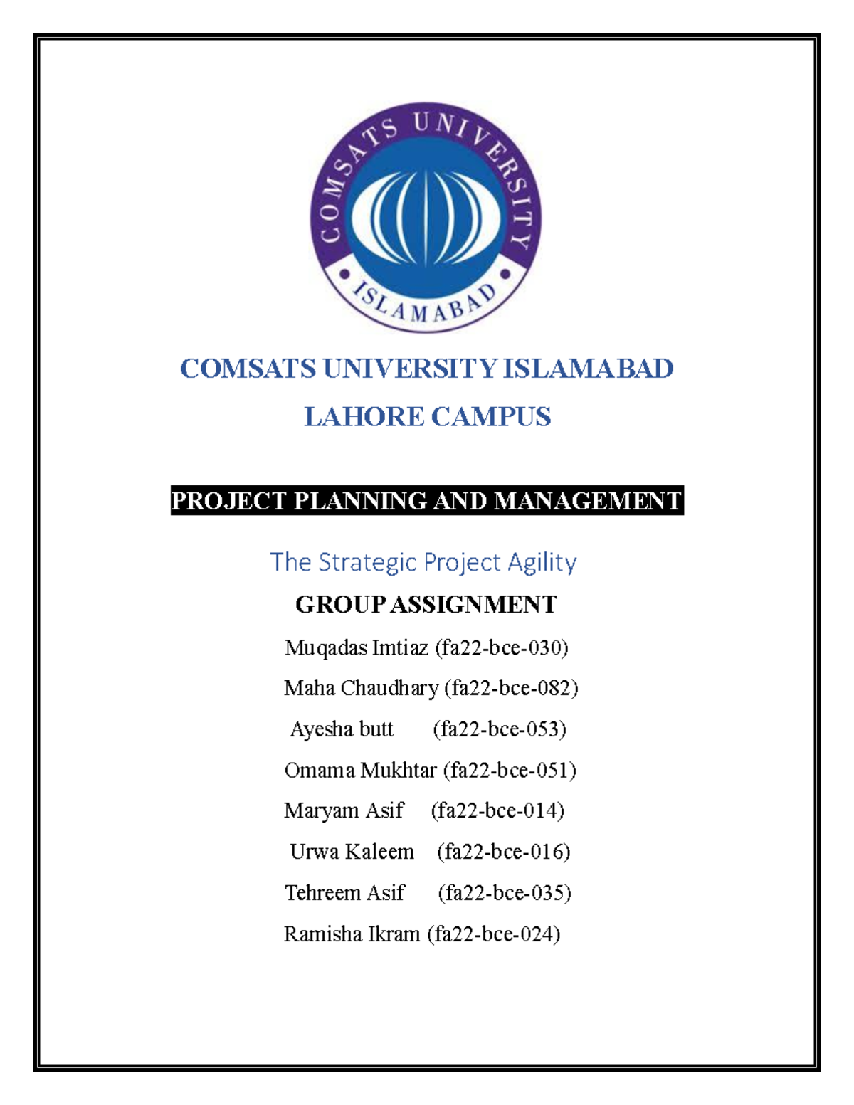 COMSATS UNIVERSITY ISLAMABAD LAHORE CAMPUS PPM Group Assignment - Studocu