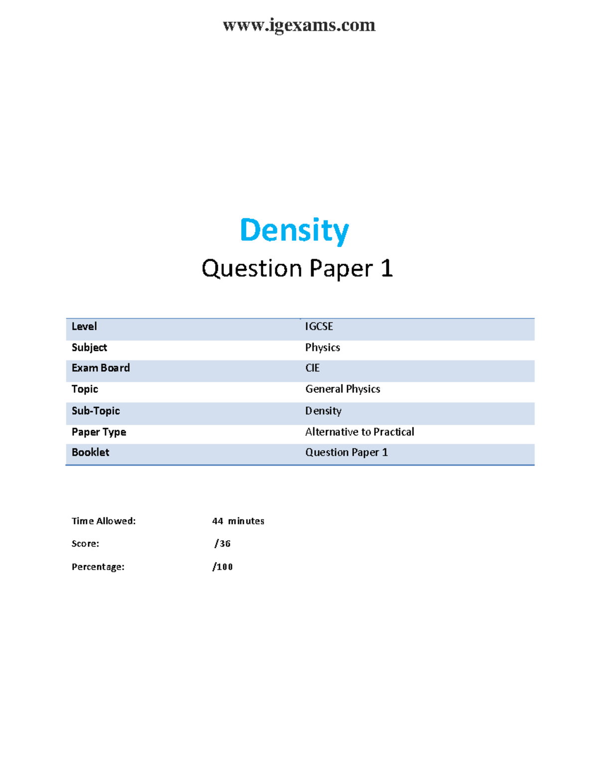 Density Question Paper 1 IGCSE Physics CIE - Alternative to Practical - Studocu