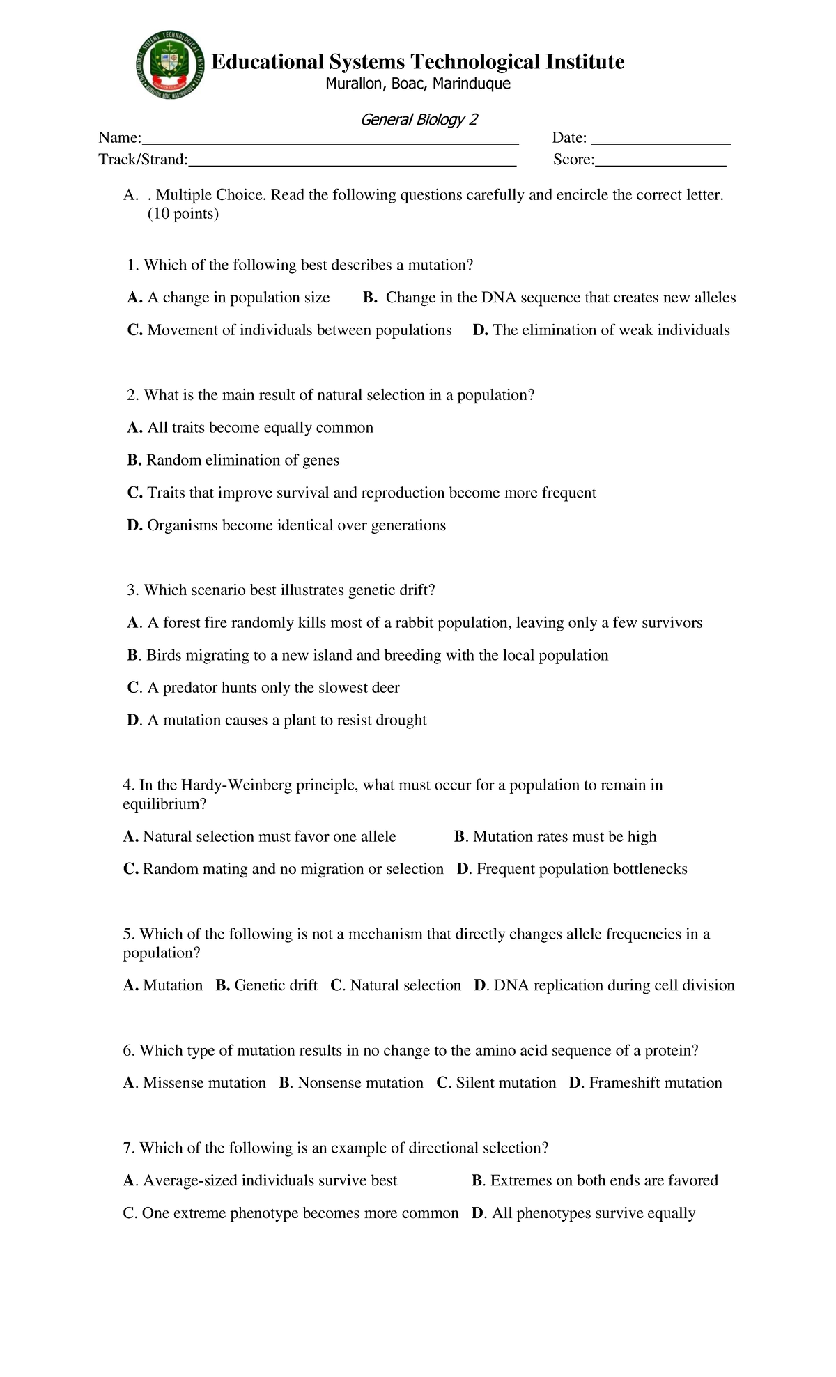 General Biology 2 (GB2) Quiz: Multiple Choice Questions - Studocu