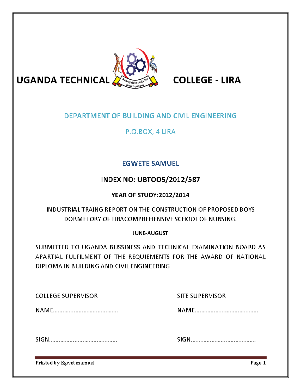 165686979 Sample Internship Report - DEPARTMENT OF BUILDING AND CIVIL ...
