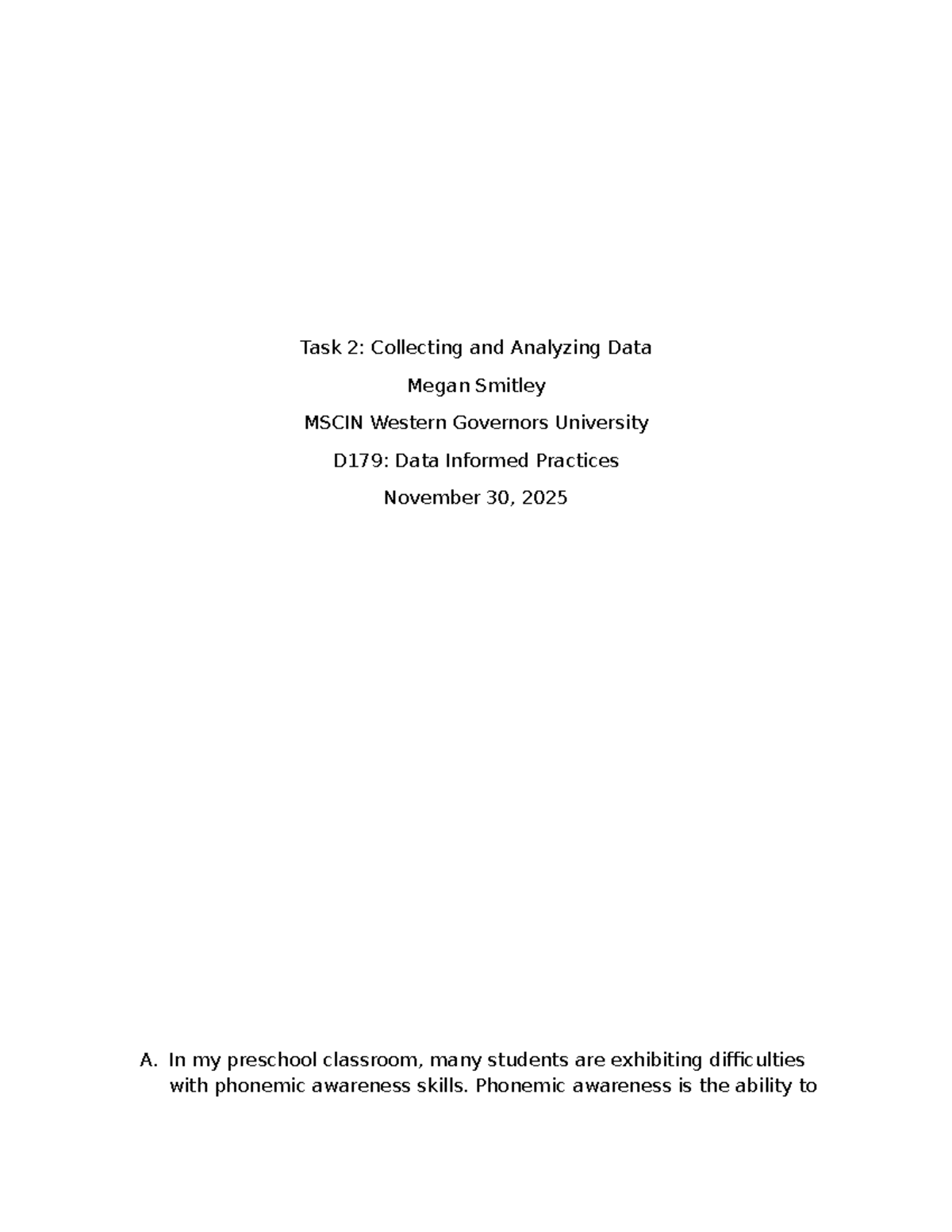D179: Task 2 - Analyzing Phonemic Awareness Data in Preschool - Studocu
