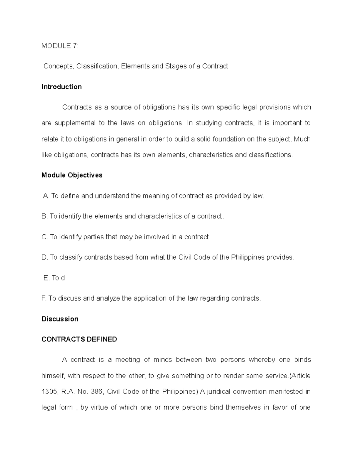 MODULE 7: Concepts, Classification, Elements and Stages of a Contract ...
