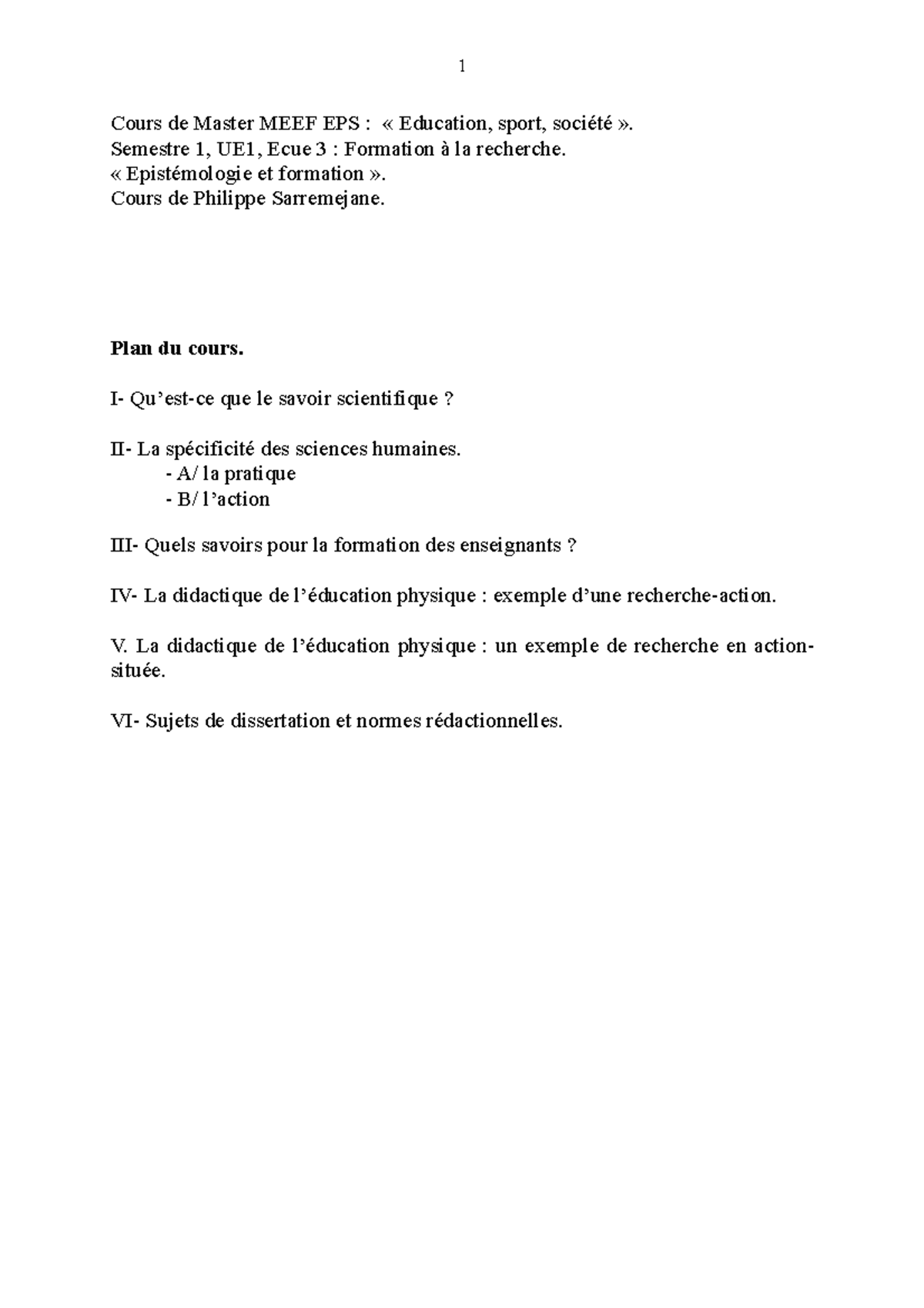 M1 UE 1.3 Epistémologie et formation - Cours de Master MEEF EPS ...