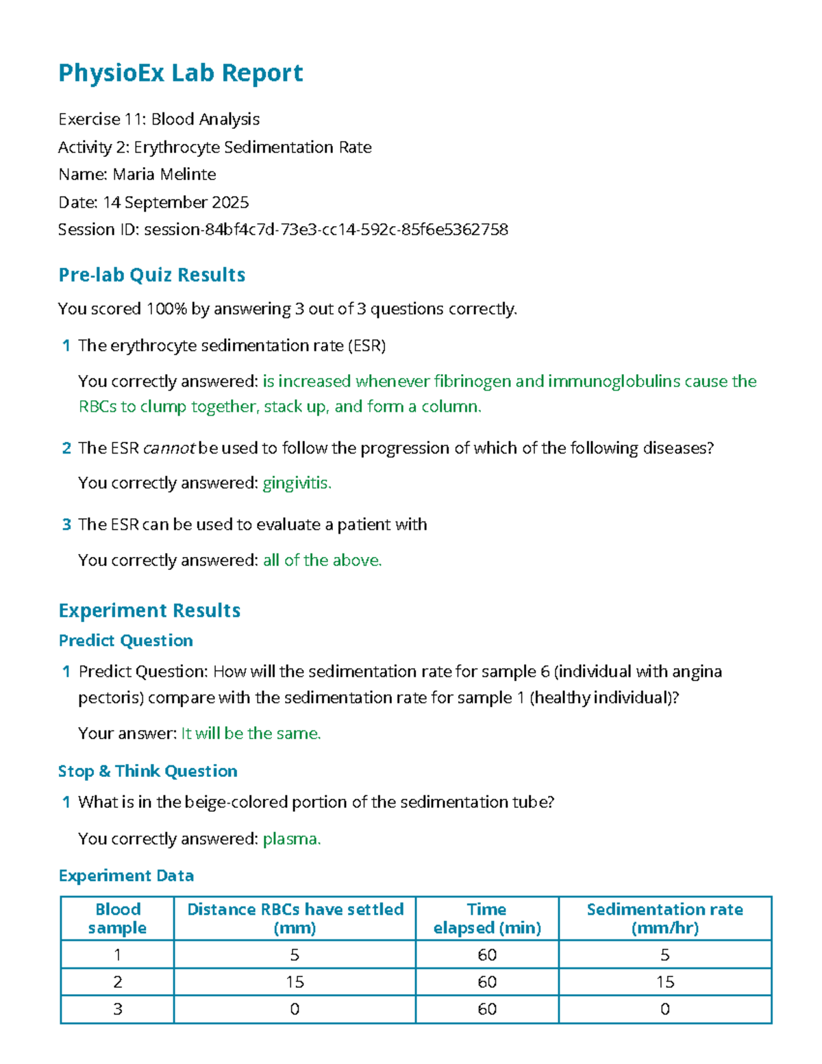 PhysioEx Lab Report: Exercise 11 - Blood Analysis & ESR Insights - Studocu