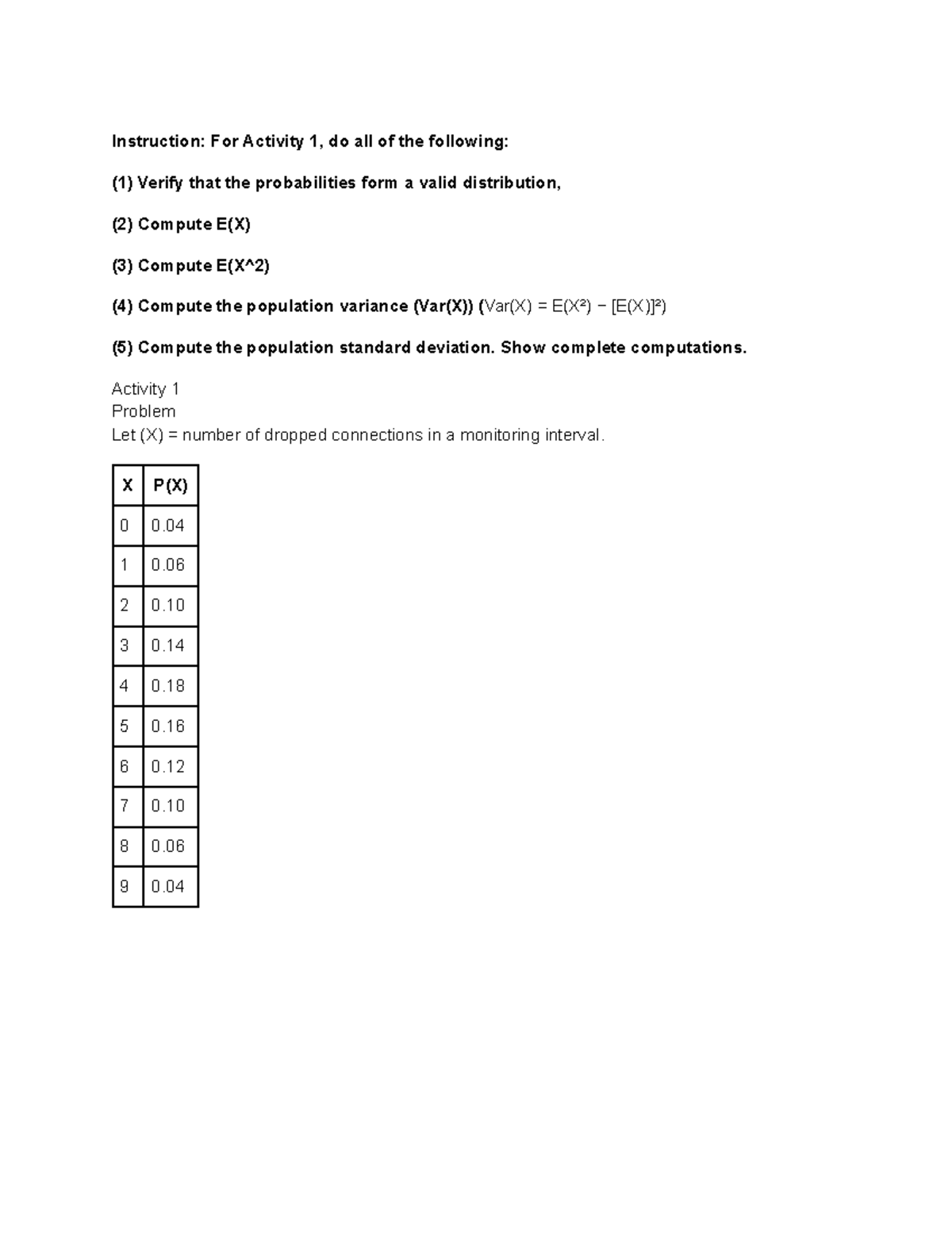Random Variables Activity: Probabilities & Variance Computation PLM 2-2 ...