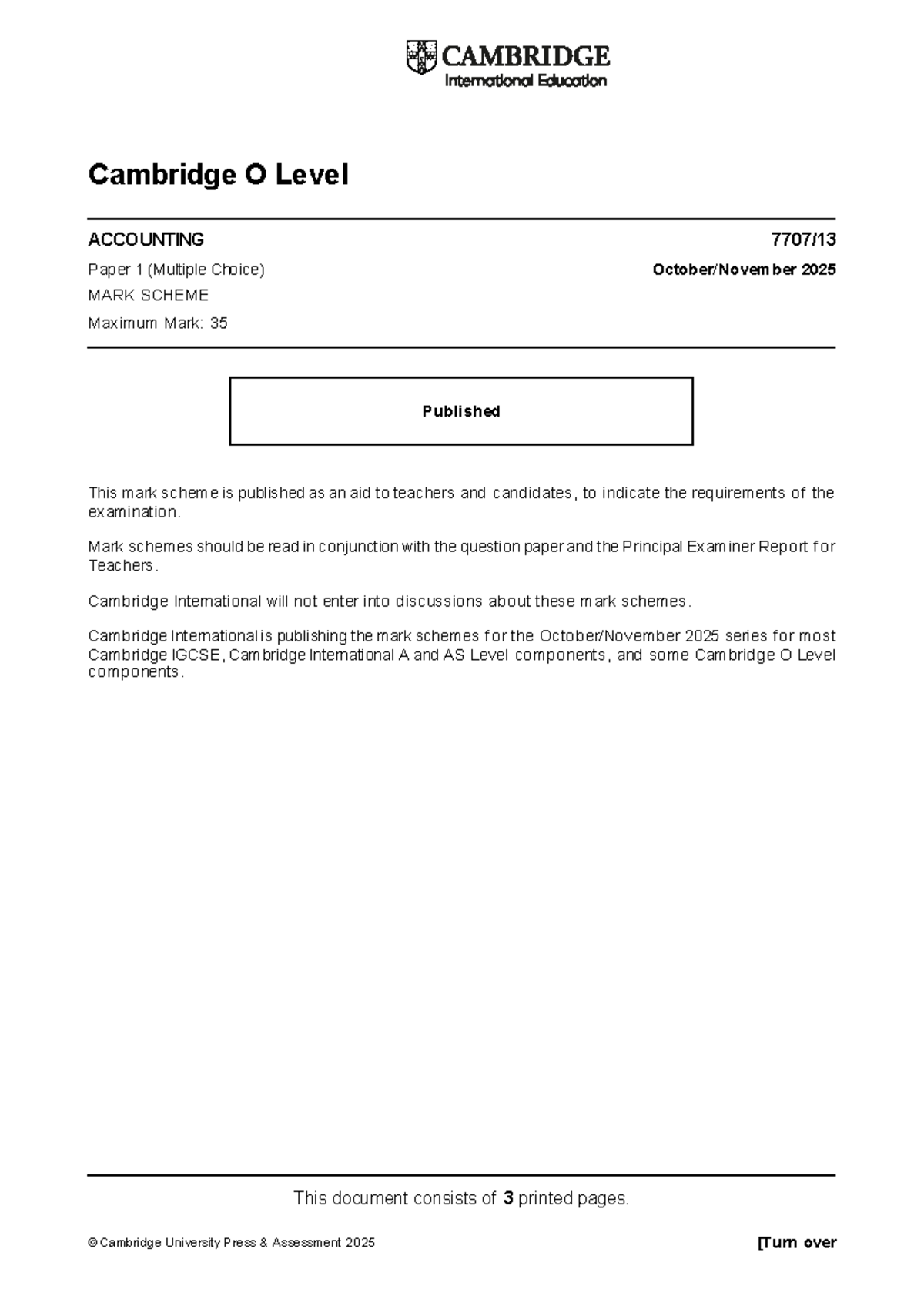 Cambridge O Level ACCOUNTING 7707/25 Mark Scheme 2025 - Studocu