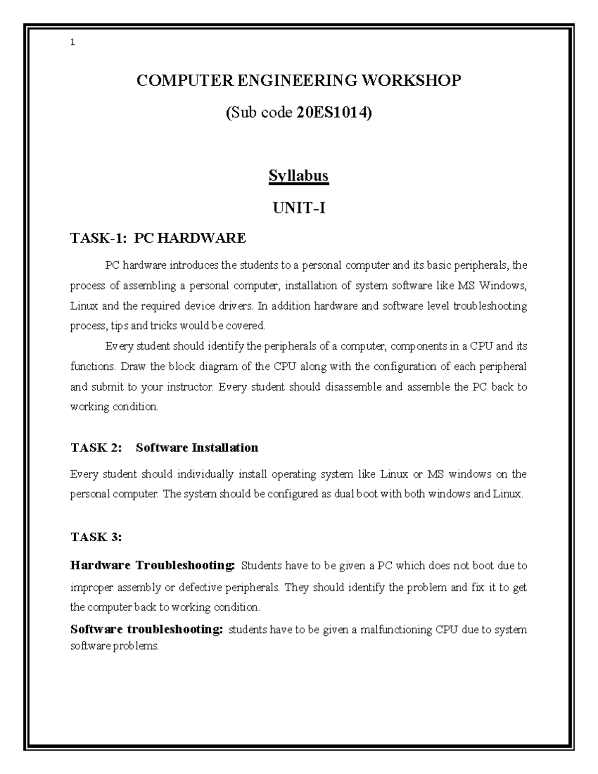 Computer Engineering Workshop Notes (Course Code: 20ES1014) - Studocu