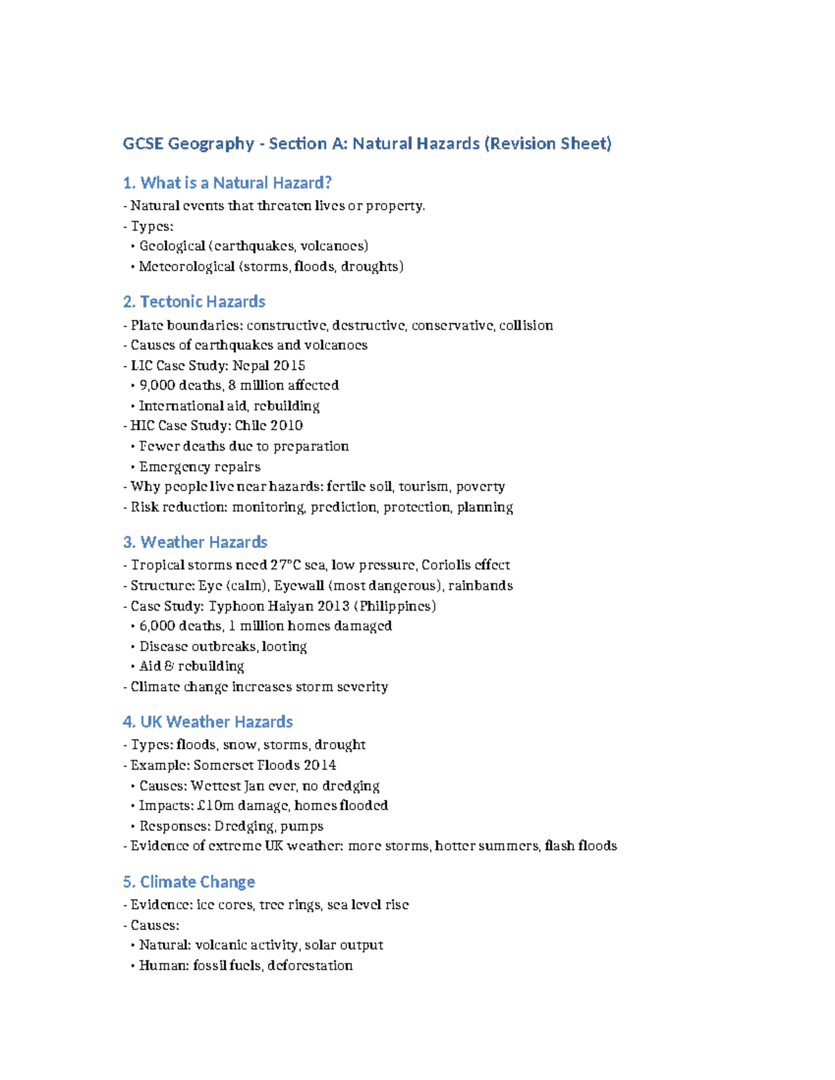 GCSE Geography Section A: Natural Hazards Revision Notes - Studocu