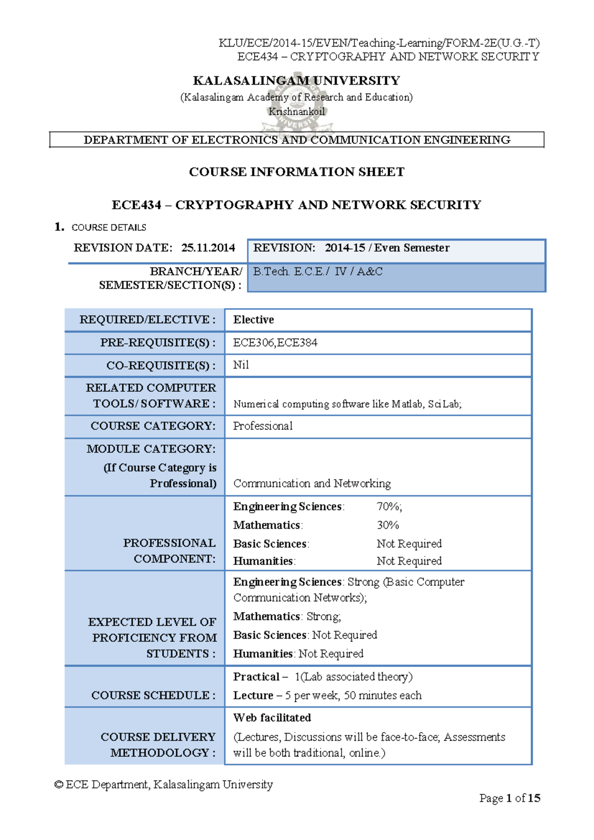 ECE434 Cryptography and Network Security Course Plan Overview - Studocu