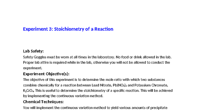 Exp. 3: Stoichiometry of a Reaction Lab - Illinois Tech Chem Fall 2024 ...