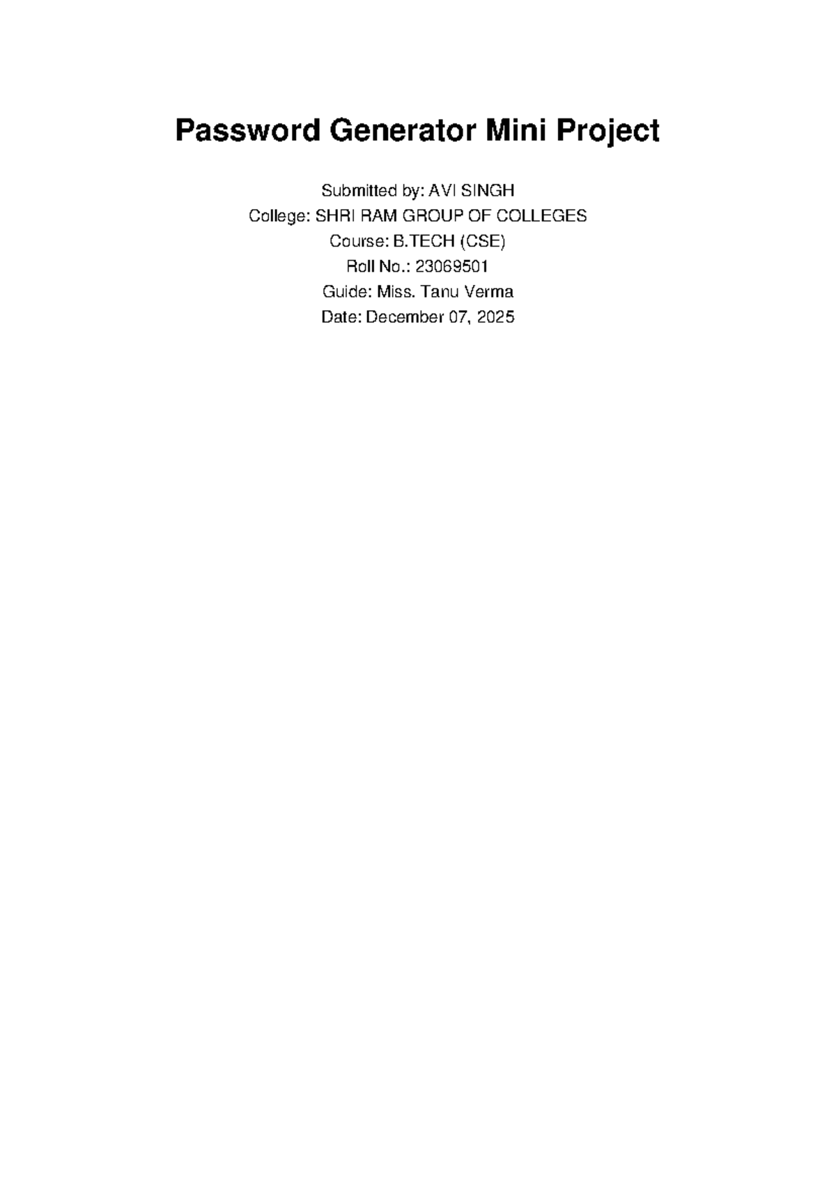 B.TECH (CSE) Password Generator Mini Project Report - Studocu