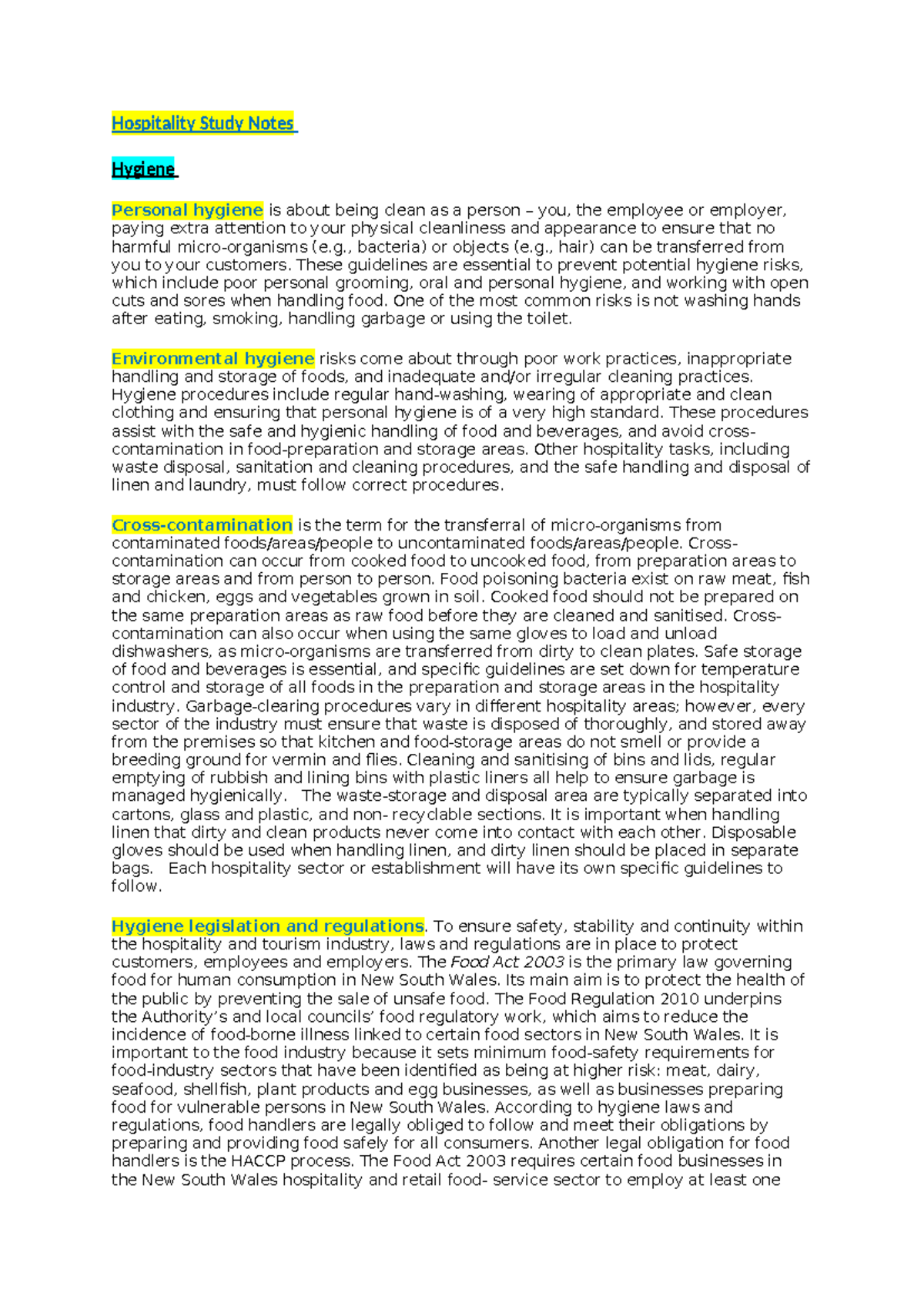 Hospitality Study Notes: Hygiene & Safety Procedures (HOSP 101) - Studocu
