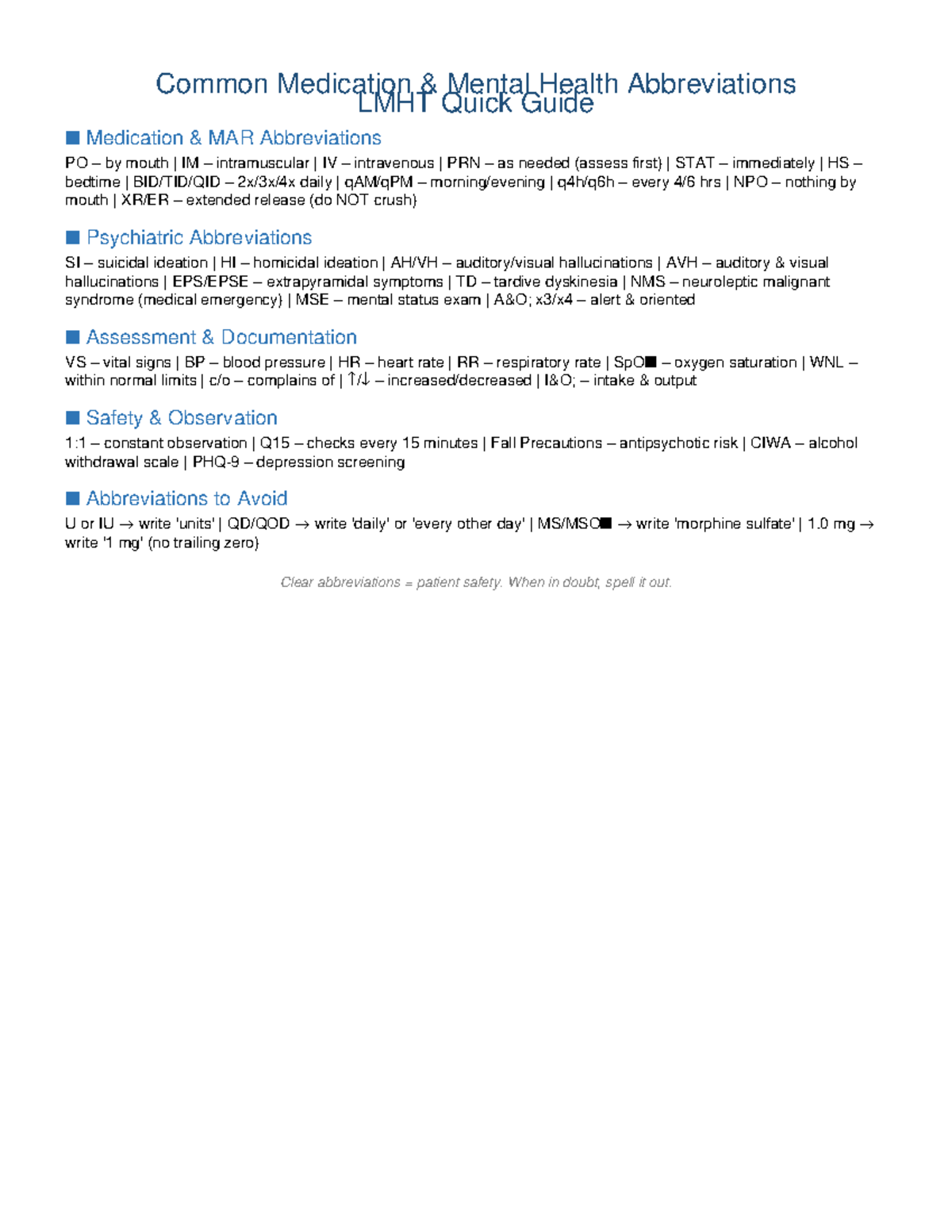 LMHT Common Medication & Mental Health Abbreviations Guide - Studocu
