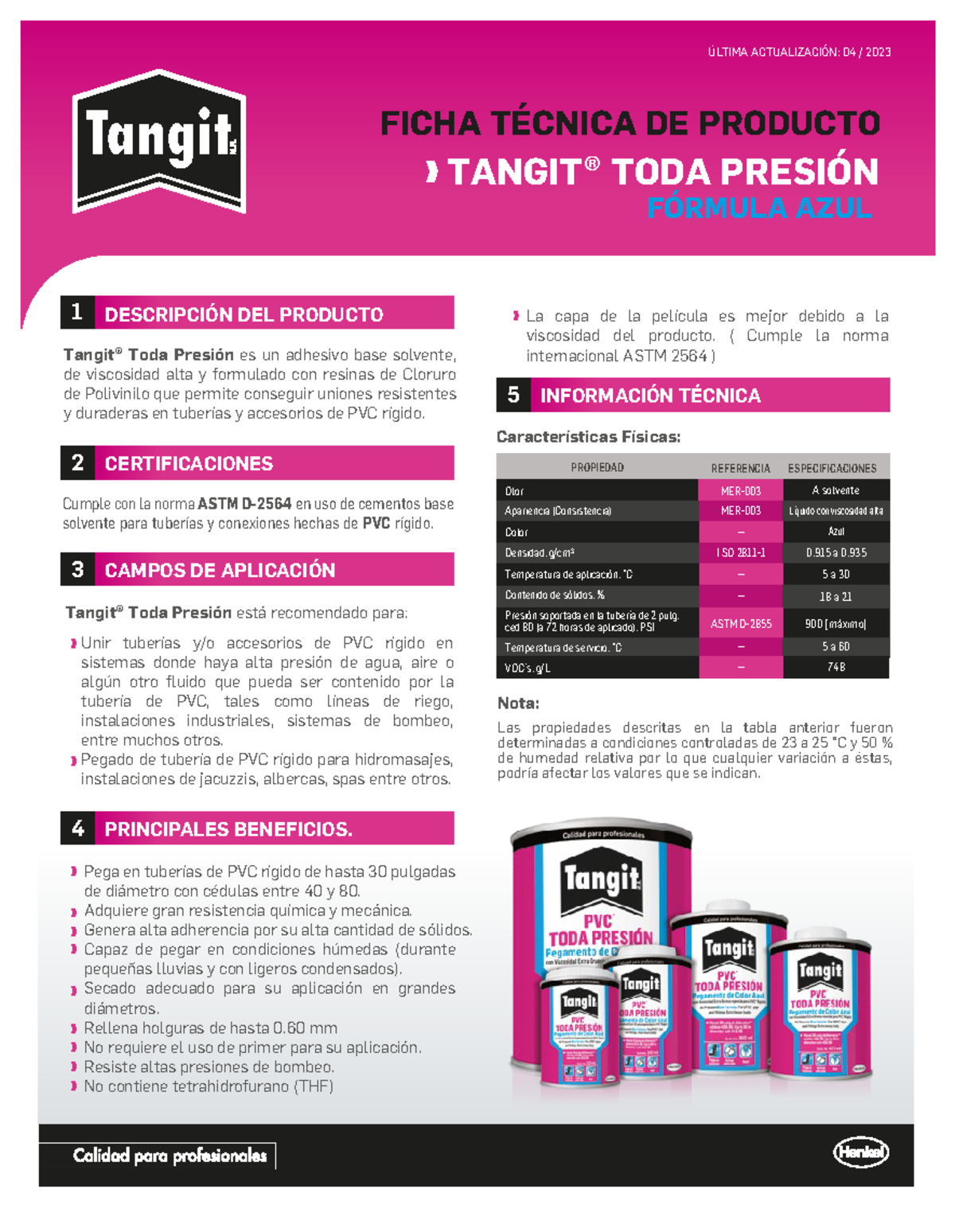 Ficha Tecnica - Tangit - DSFASDF - Tangitfi Toda Presión es un adhesivo base solvente, de ...