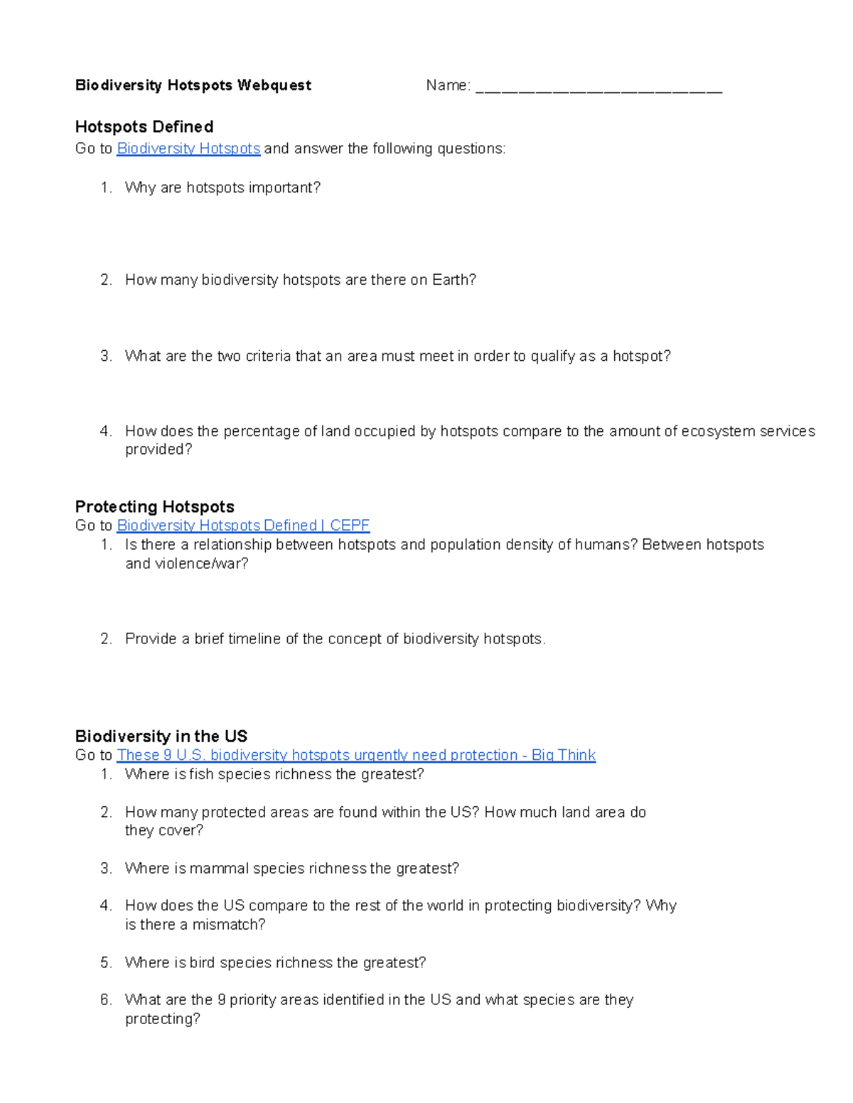 Biodiversity Hotspots Webquest: Exploring Global Conservation Areas ...