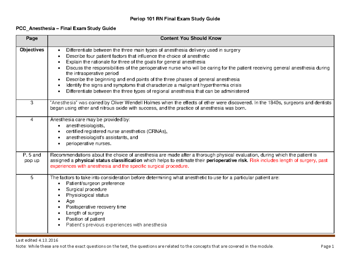 PCC_Periop 101 - RN Final Exam Study Guide Overview - Studocu