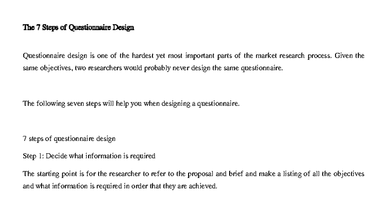 7 Steps in Questionnaire Design: A Guide for Market Research - Studocu