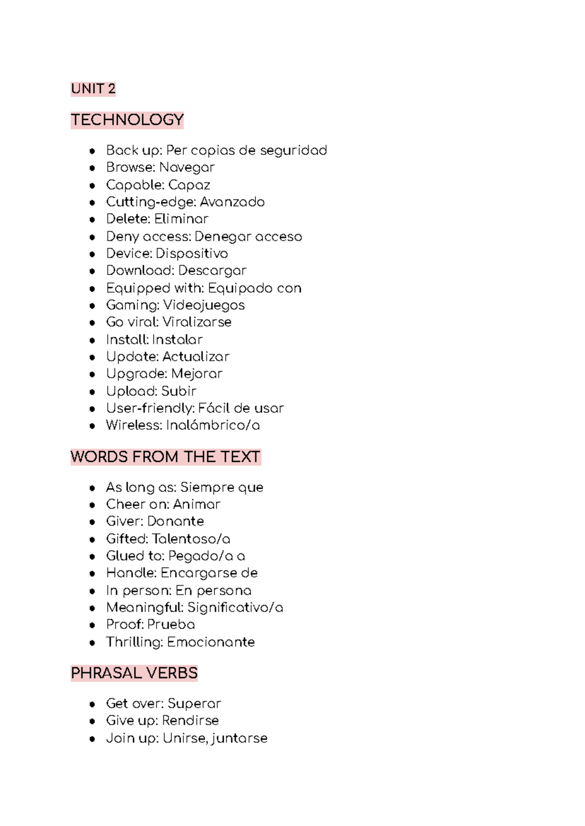 UNIT 2 - Resumen del vocabulario Tema 2, Burlington English 1 ...