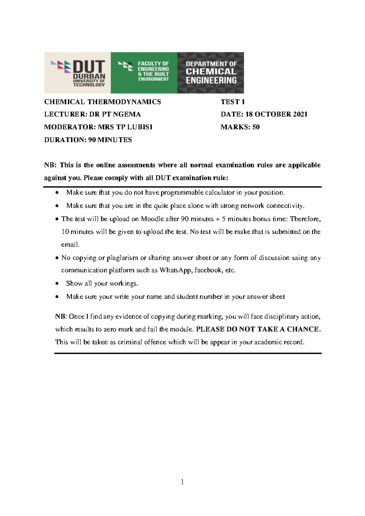 Final Test 1 Chem Thermo 2021 - 1 CHEMICAL THERMODYNAMICS TEST 1 ...