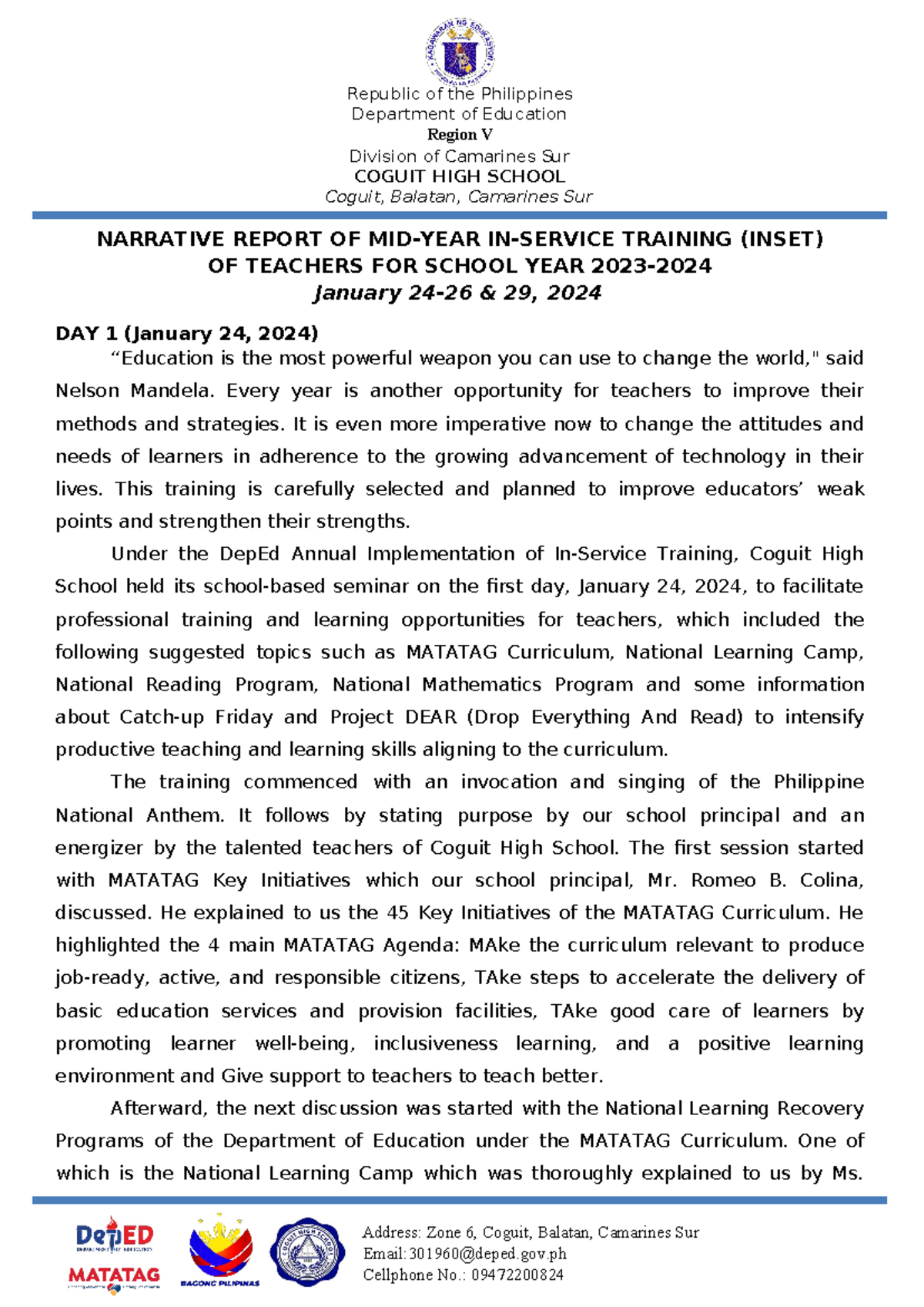 Mid-Year INSET Narrative Report 2023-2024 at Coguit High School - Studocu