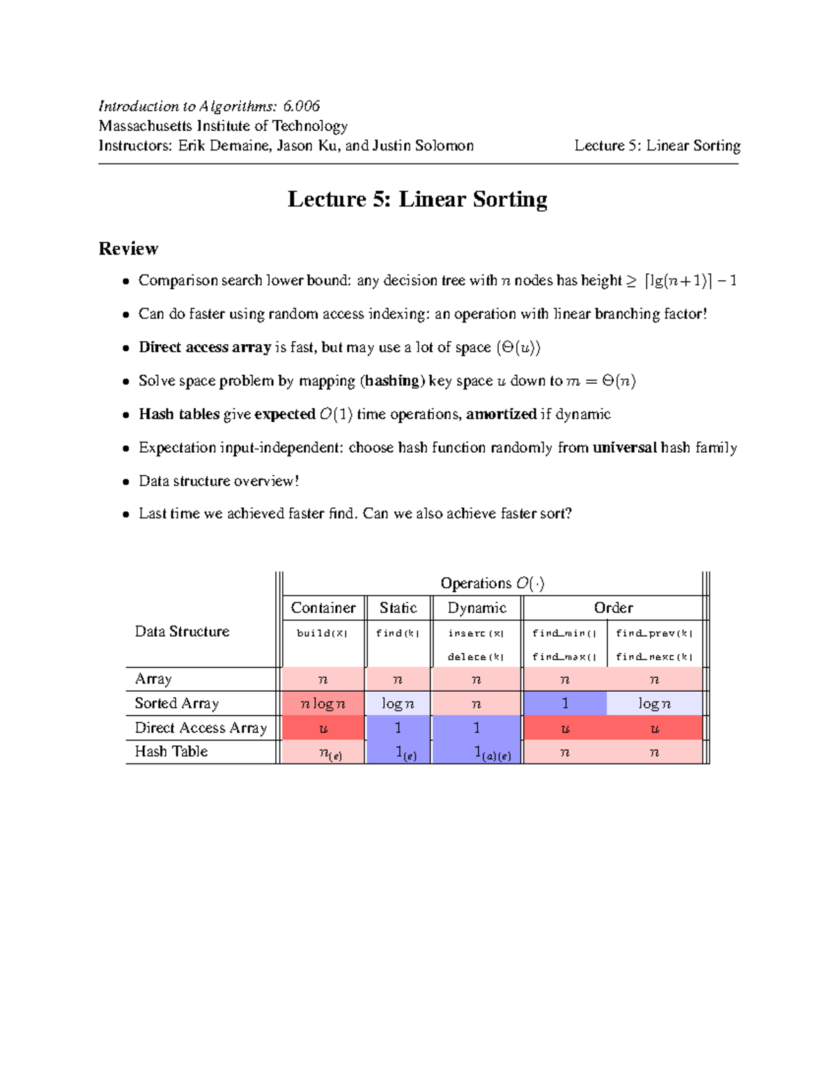 MIT 6.006 Lecture 5: Linear Sorting Algorithm Notes - Studocu