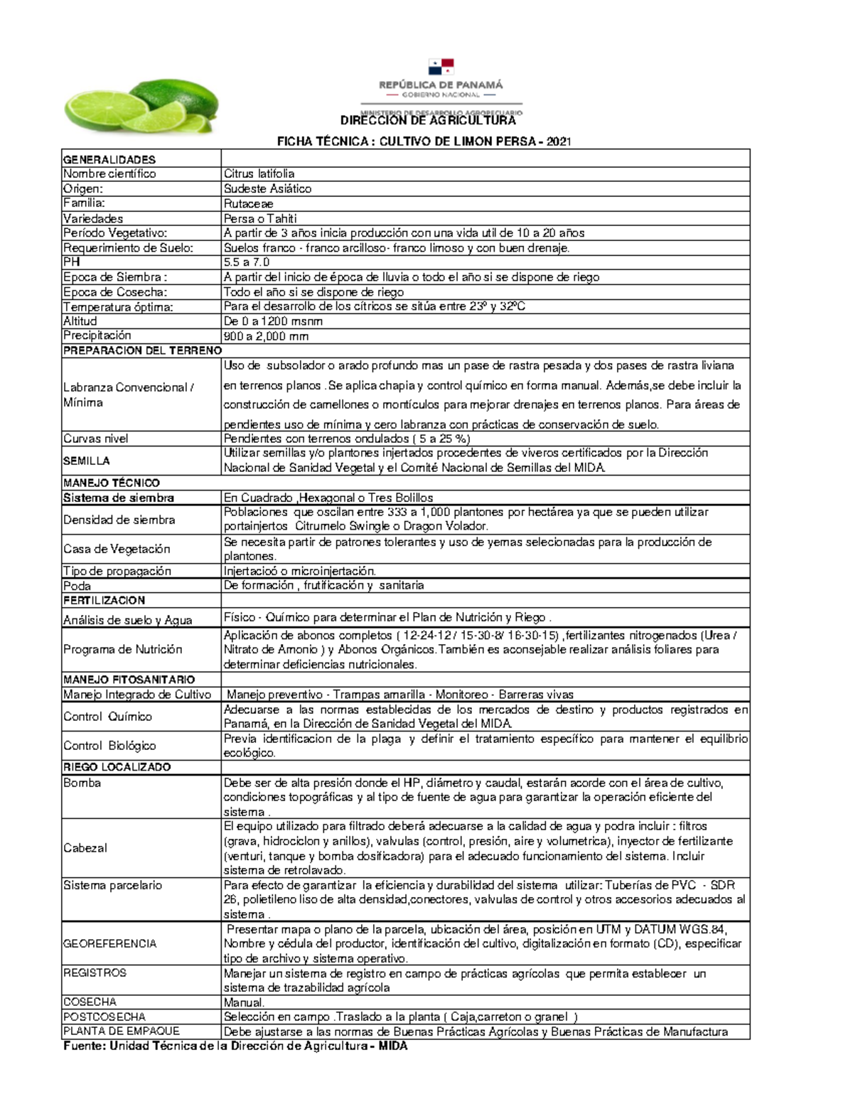 Ficha limon persa 2021 - FICHA TÉCNICA : CULTIVO DE LIMON PERSA - 2021 ...