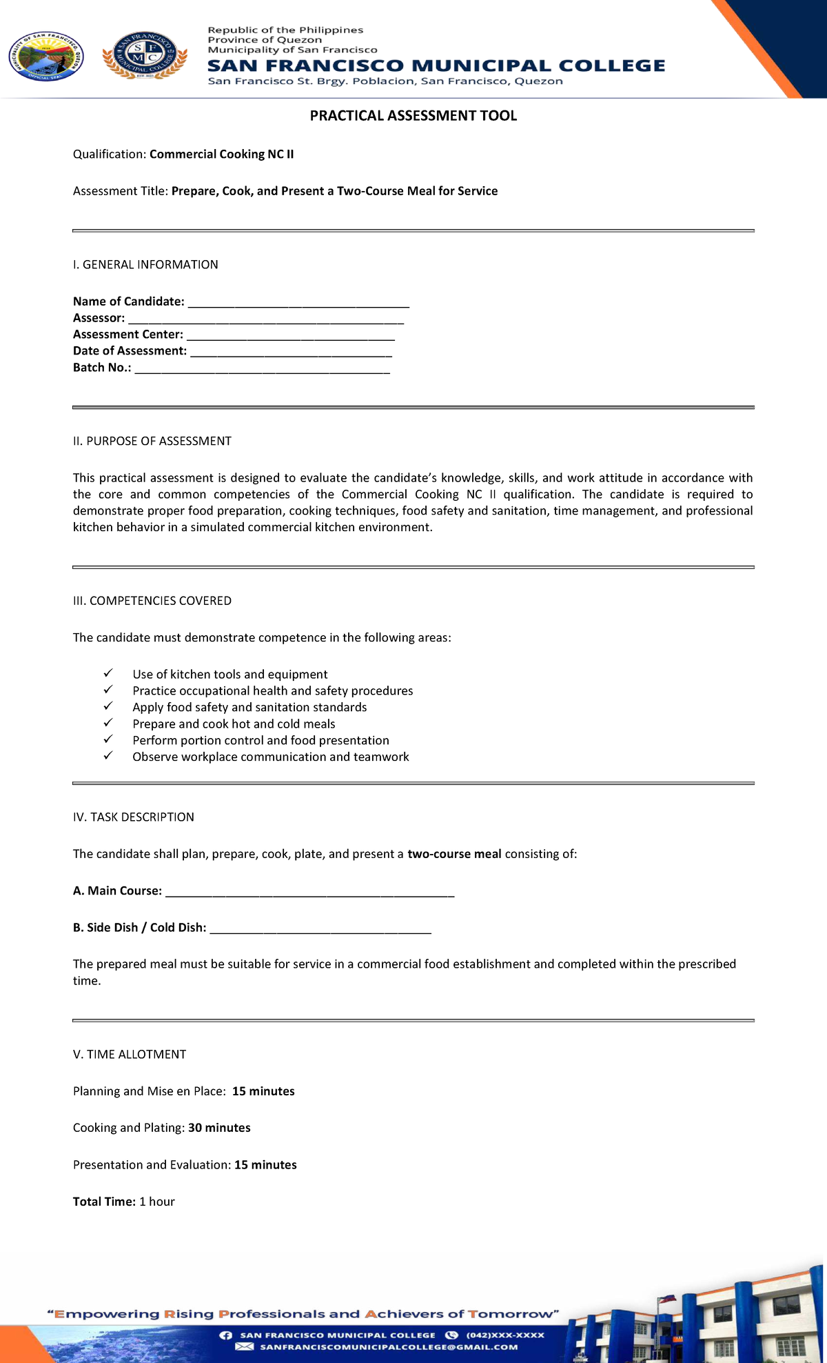 Commercial Cooking NC II Practical Assessment Tool: Meal Prep & Service ...