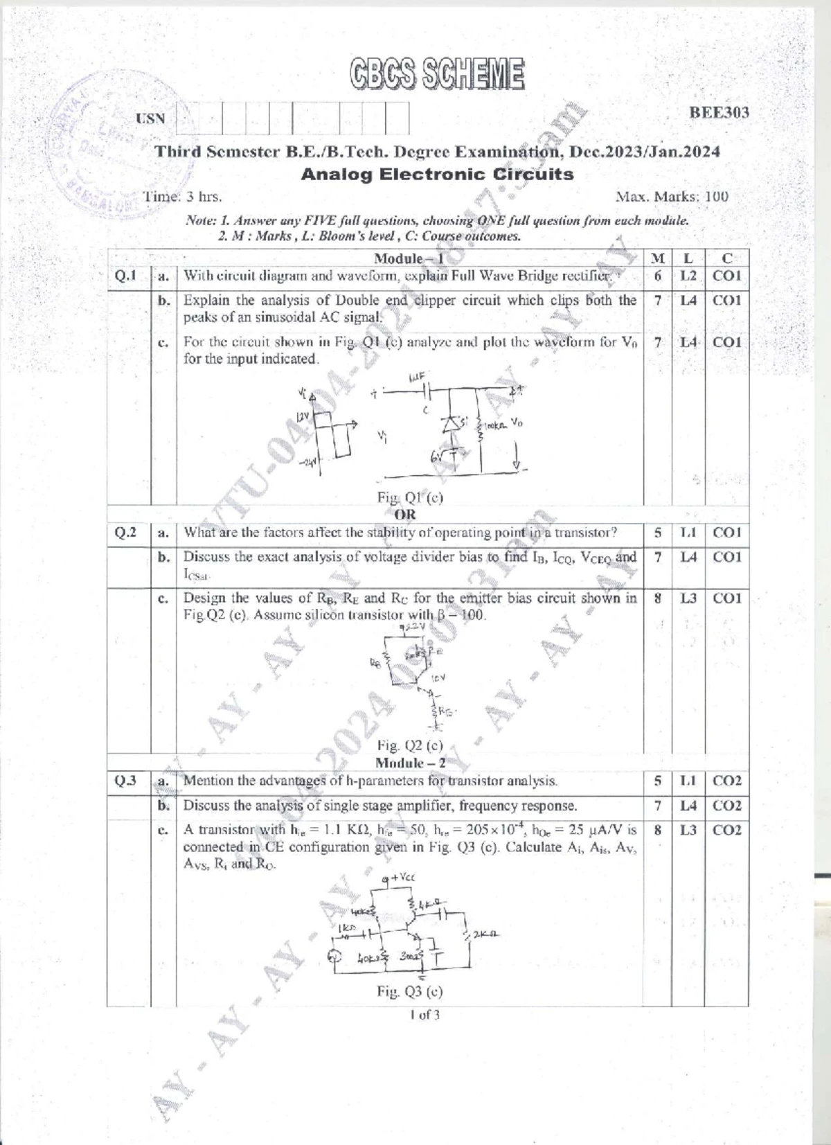 AEC 18EE34 USN Third Semester B.E. Degree Exam: Analog Electronic ...