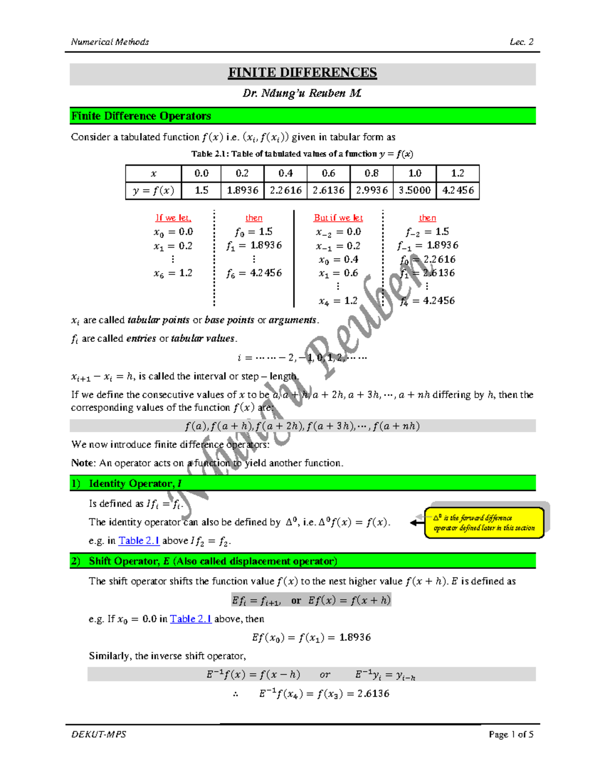 SMA 3261 Lecture 2 Finite Differences - FINITE DIFFERENCES Dr. Ndung’u ...