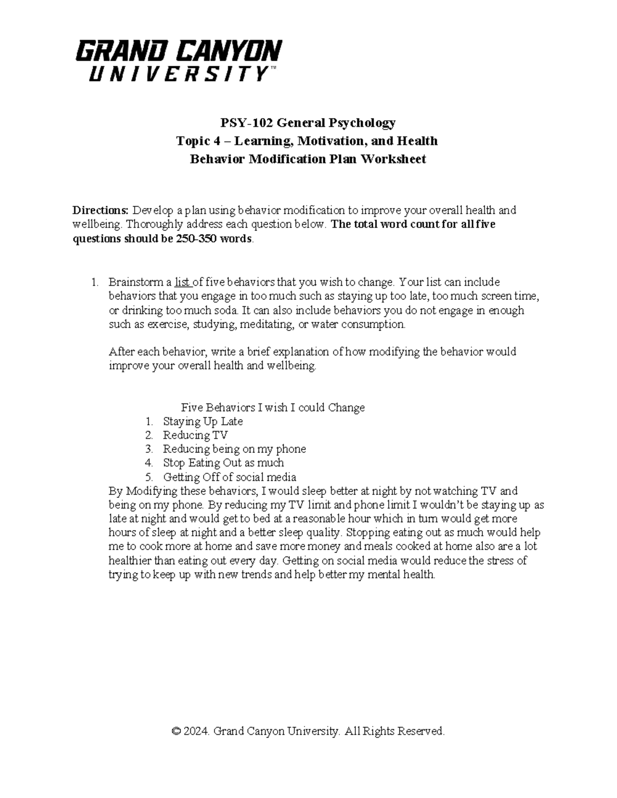 Behavior Modification Plan for PSY-102: Topic 4 - Learning and Health ...