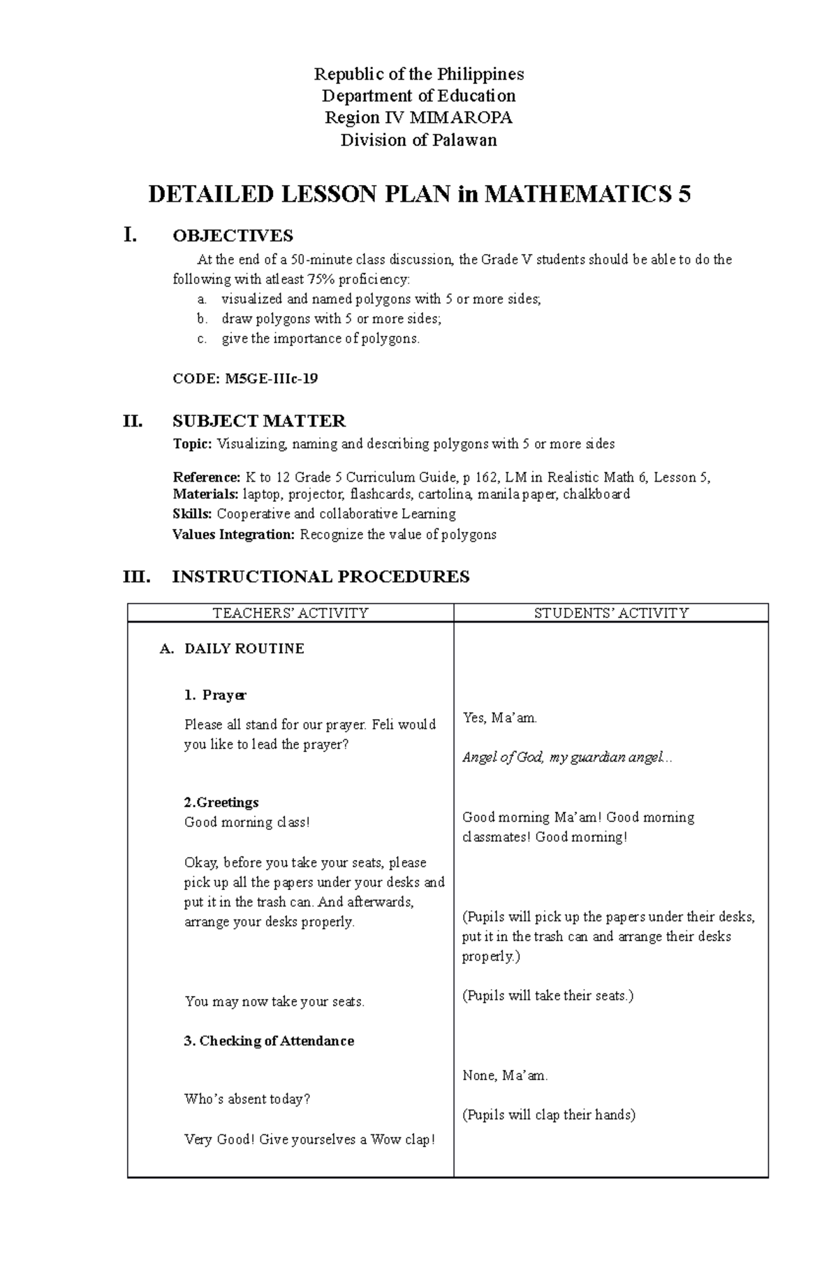 Lesson Plan in Mathematics - Republic of the Philippines Department of ...