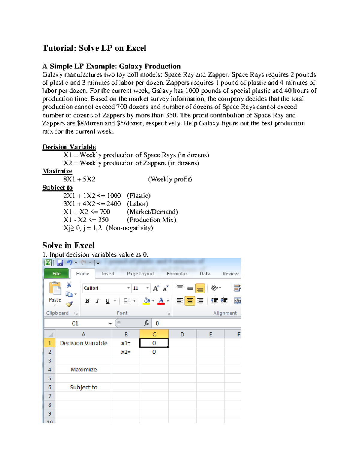 Tutorial on Solving LP on Excel - Tutorial: Solve LP on Excel A Simple ...