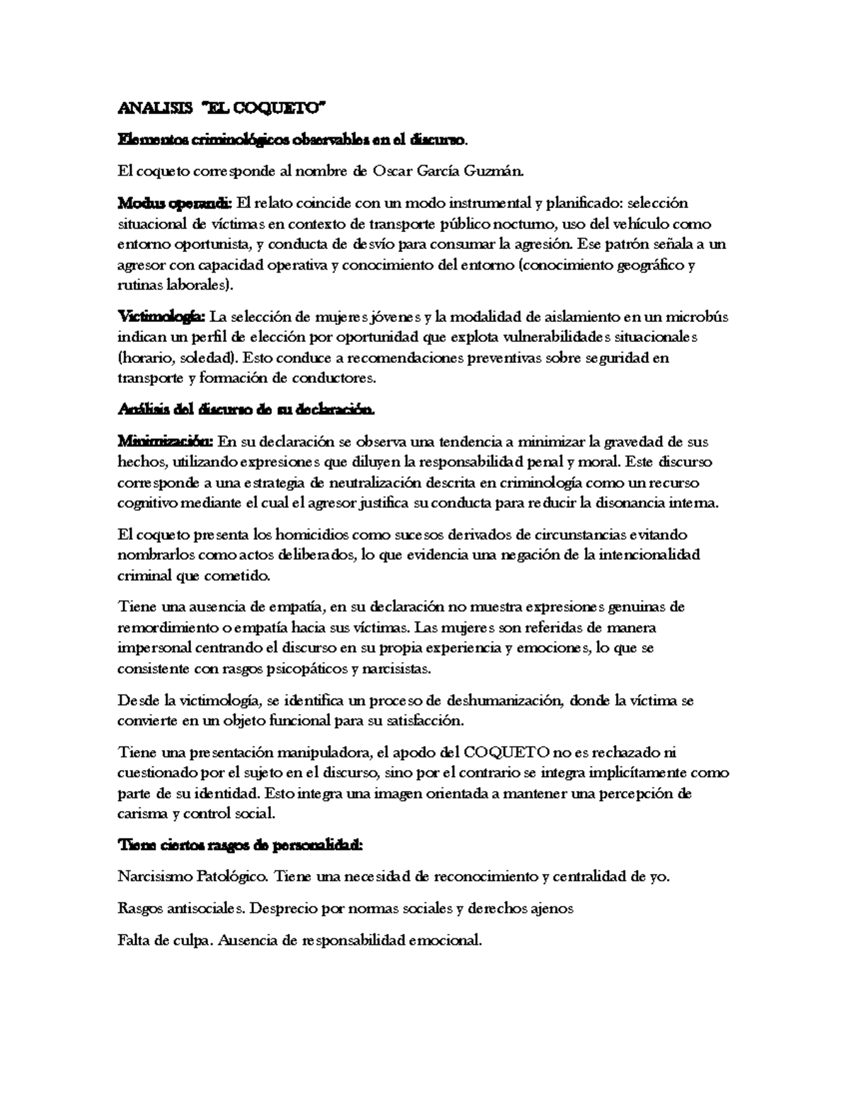 Análisis Criminológico del Discurso del Coqueto: Elementos Clave - Studocu