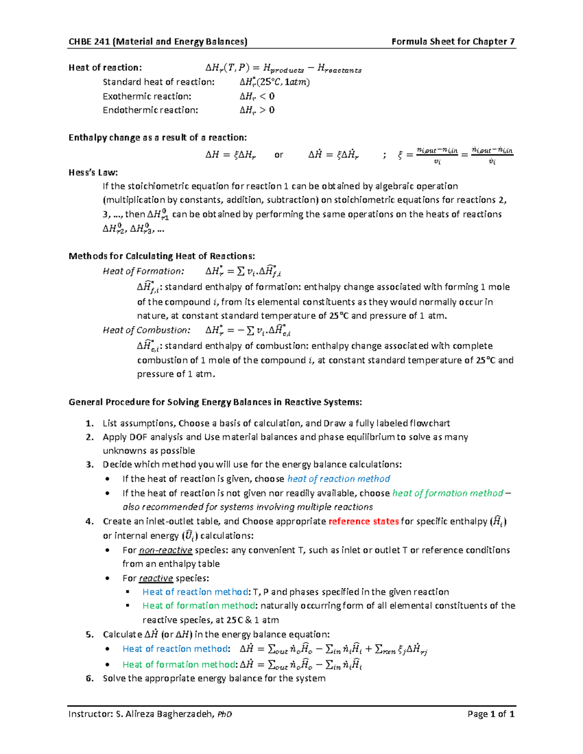 Ch 7 (E Bal - Reactive sys) Formula Sheet - CHBE 241 (Material and ...