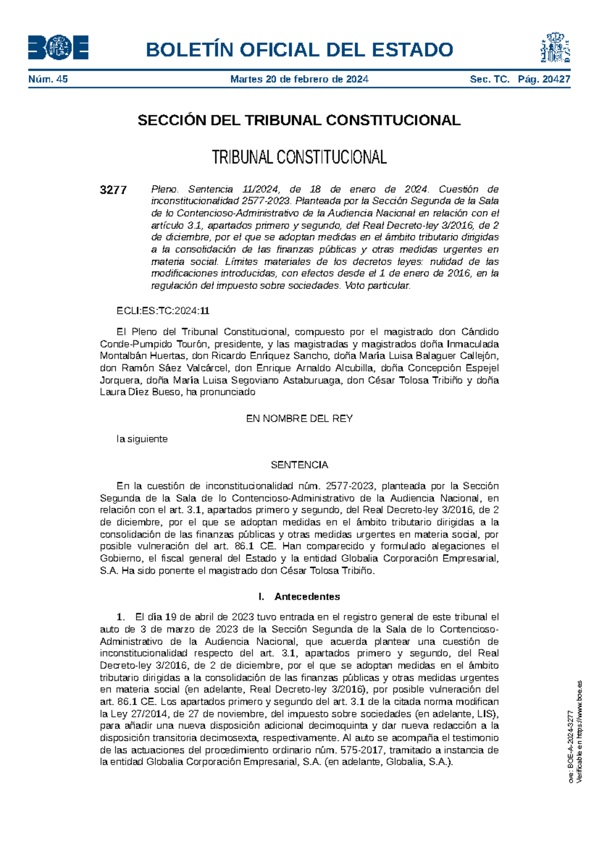 Sentencia del Tribunal Constitucional STC 11/2024 sobre Inconstitucionalidad del - Studocu
