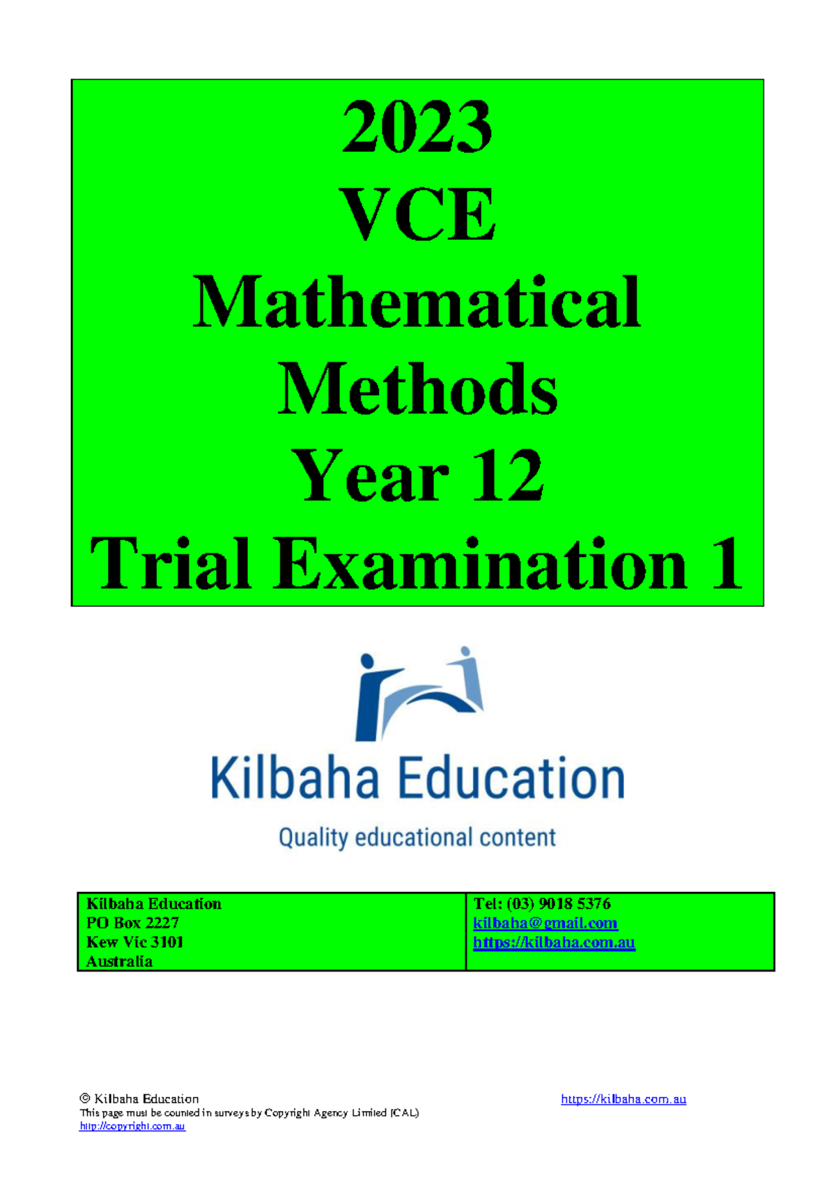 2023 VCE Mathematical Methods Trial Exam 1 - Kilbaha Education - Studocu
