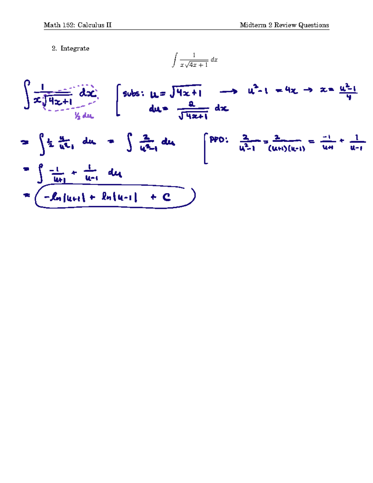 Math 152: Calculus II Midterm 2 Review Questions - Studocu