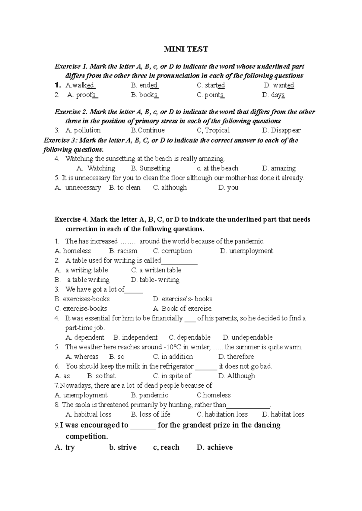 MINI TEST - mINI TEST ENGLISH FOR STUDENT - MINI TEST Exercise 1. Mark ...