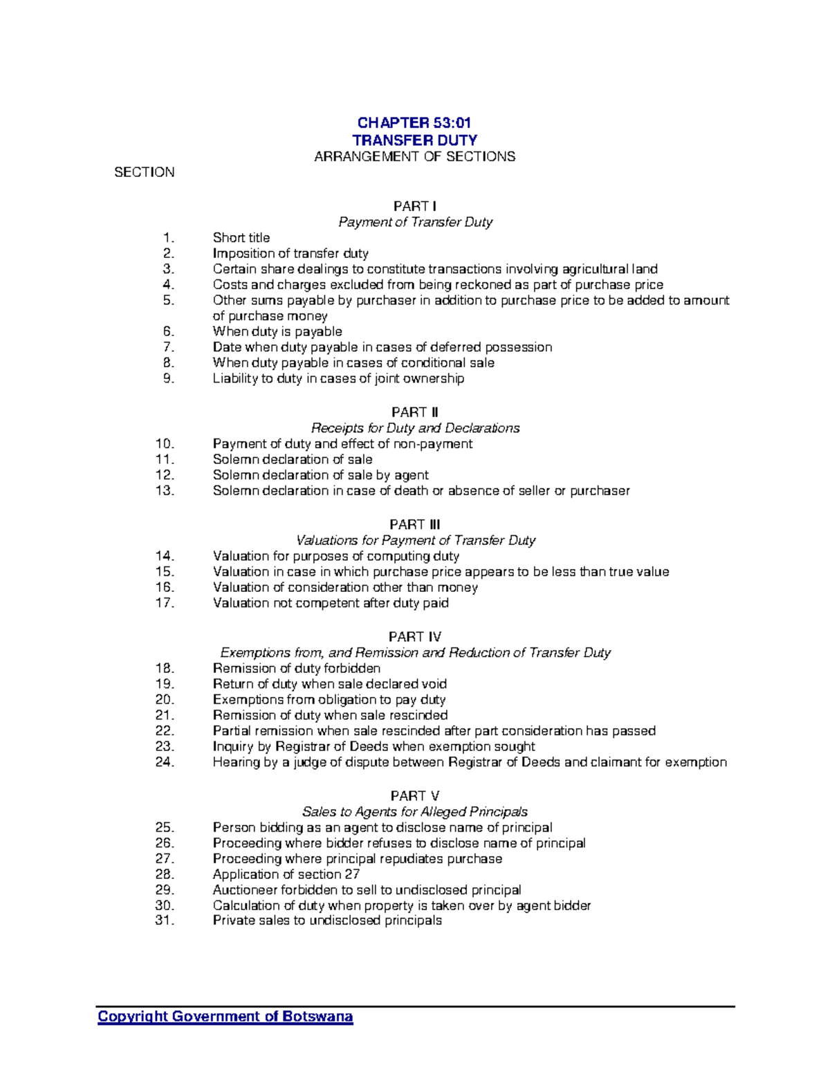 CHAPTER 53:01 TRANSFER DUTY ACT - ARRANGEMENT OF SECTIONS - Studocu