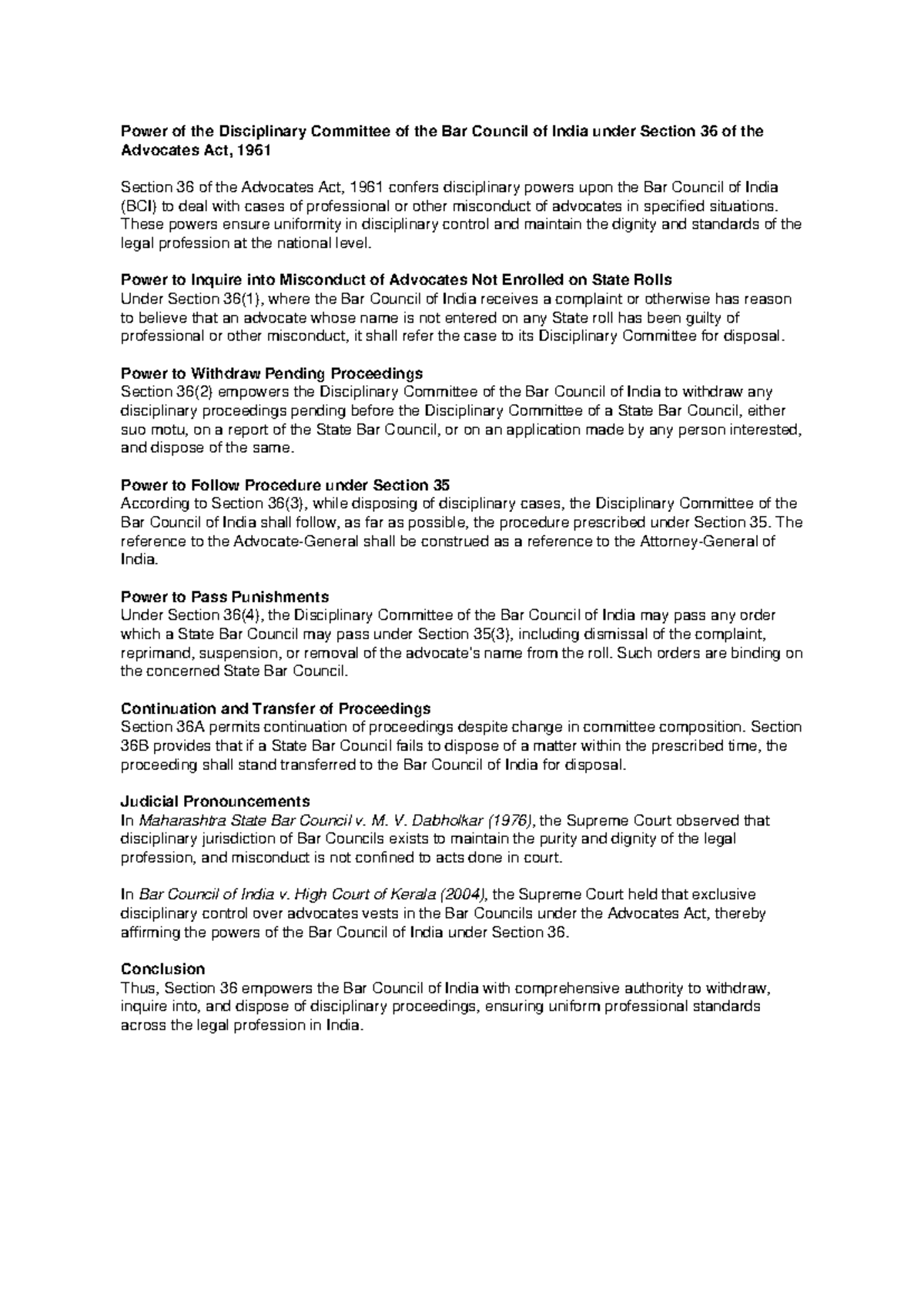 Section 36 Disciplinary Powers BCI - Power of the Disciplinary ...