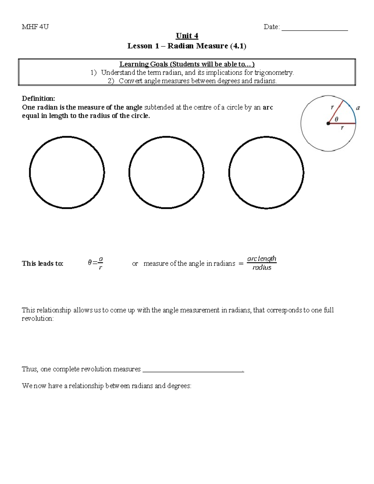 1 Radian Measure - math - MHF 4U Date: __________________ Unit 4 Lesson ...