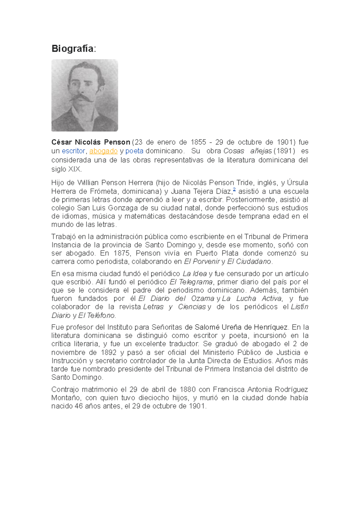 Biografía de César Nicolás Penson: Un Prolífico Escritor Dominicano ...