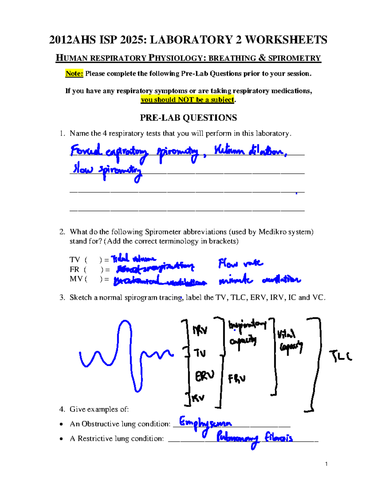 ISP 2012AHS Lab 2: Human Respiratory Physiology & Spirometry - Studocu