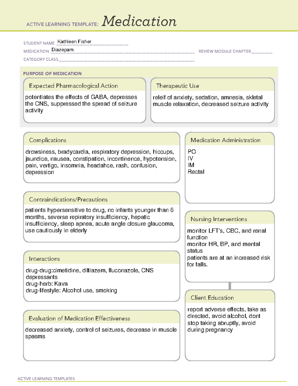 Active Learning Template for Diazepam - Medication Overview - Studocu