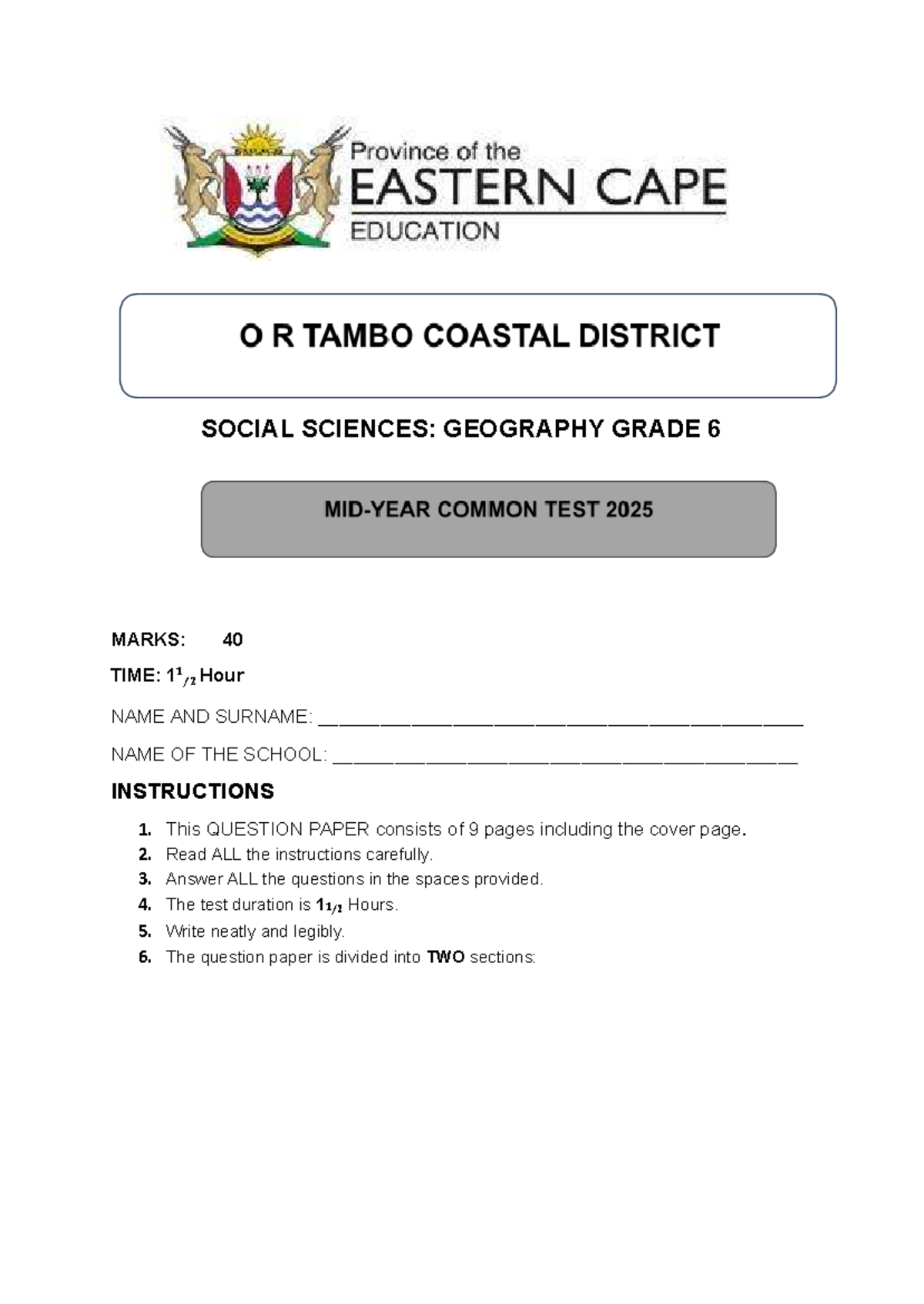 SS Geography Grade 6 Controlled Test: Map Skills & Trade Concepts - Studocu