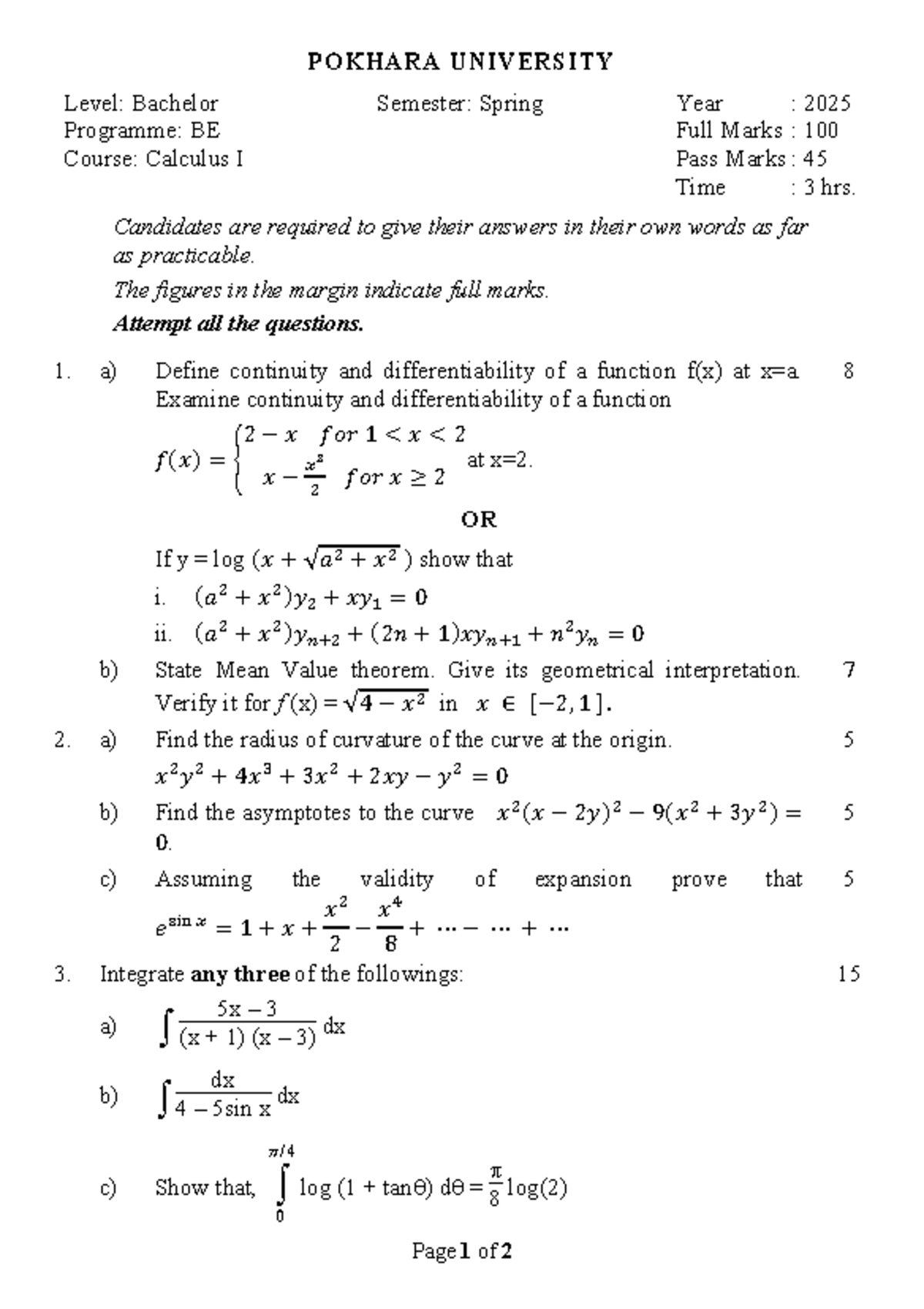 Calculus I (BE) Old Questions - POKHARA UNIVERSITY - Studocu