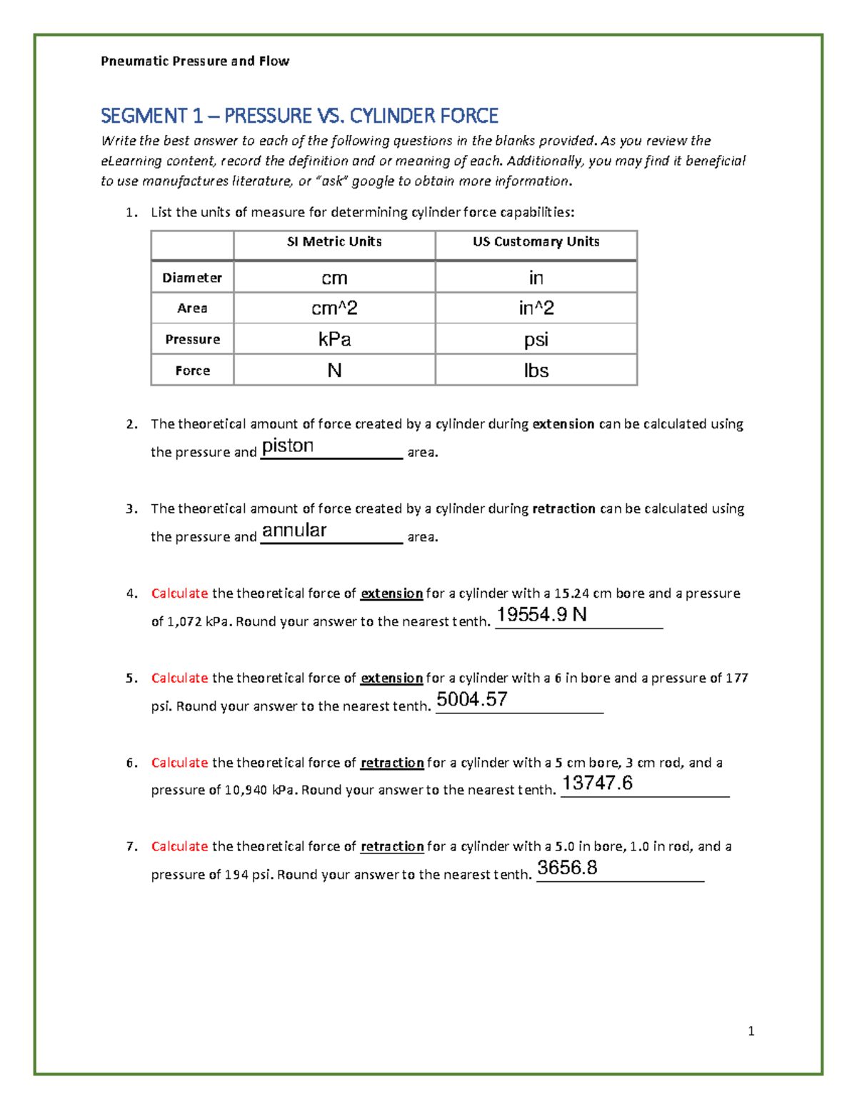 A11 Worksheet - Principles of Pneumatic Pressure and Flow - 1 Pneumatic ...