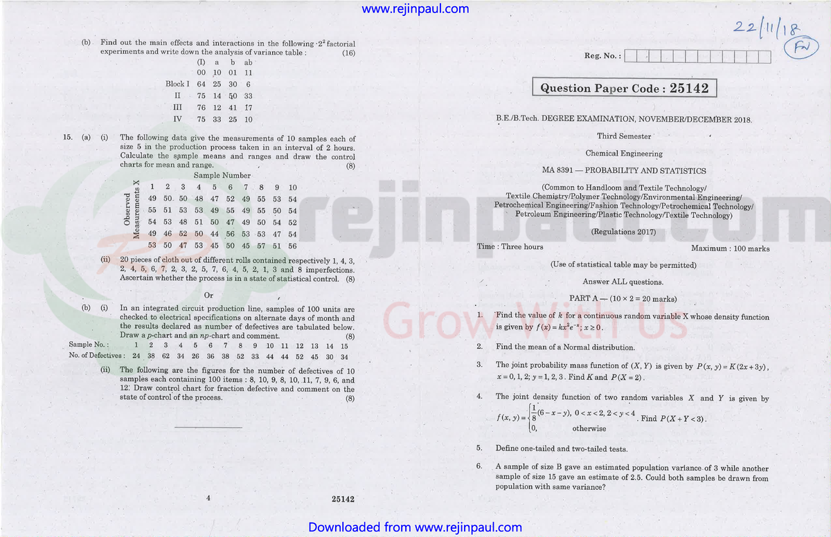 MA8391 - Final Exam Analysis of Variance & Control Charts in Statistics ...