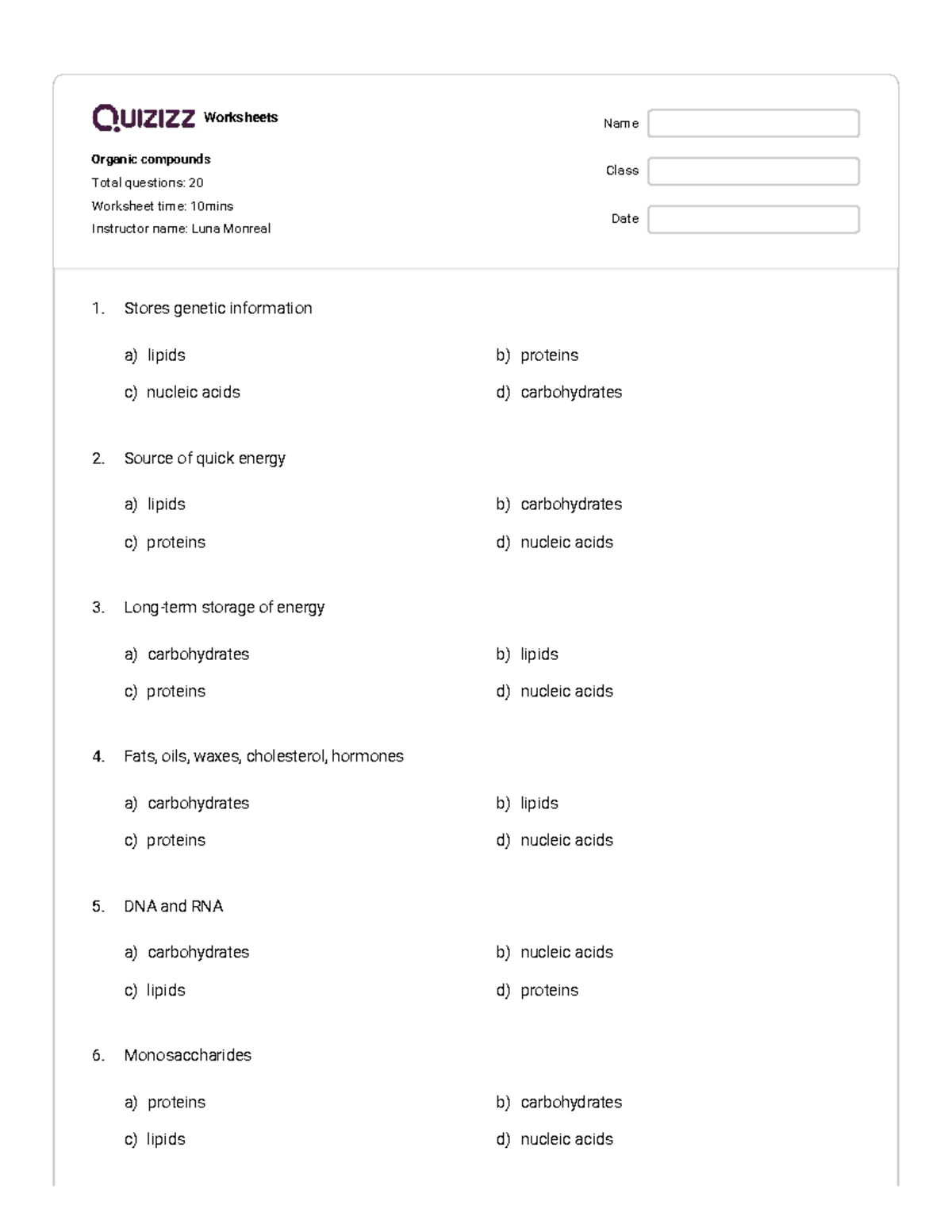 Organic Compounds Quizizz Worksheet (20 Questions) - Studocu