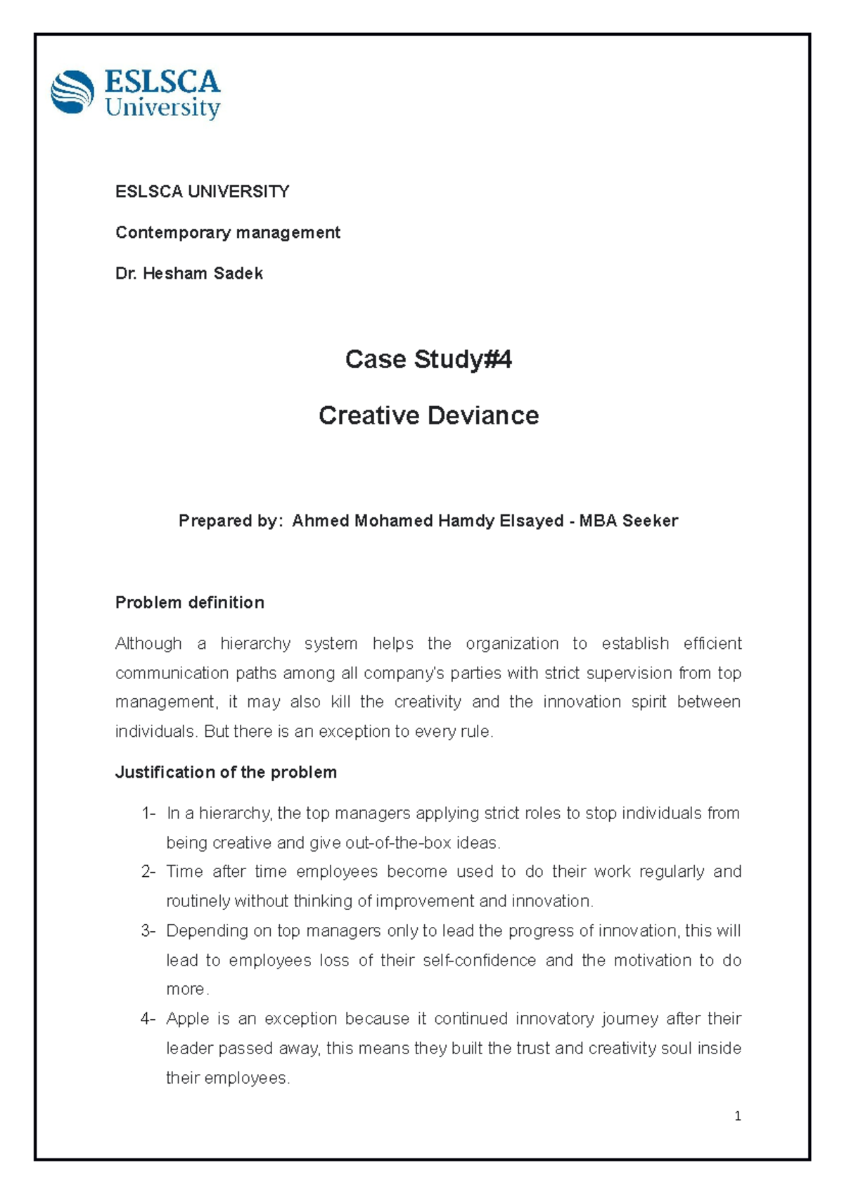 Creative Deviance - ESLSCA UNIVERSITY Contemporary management Dr ...